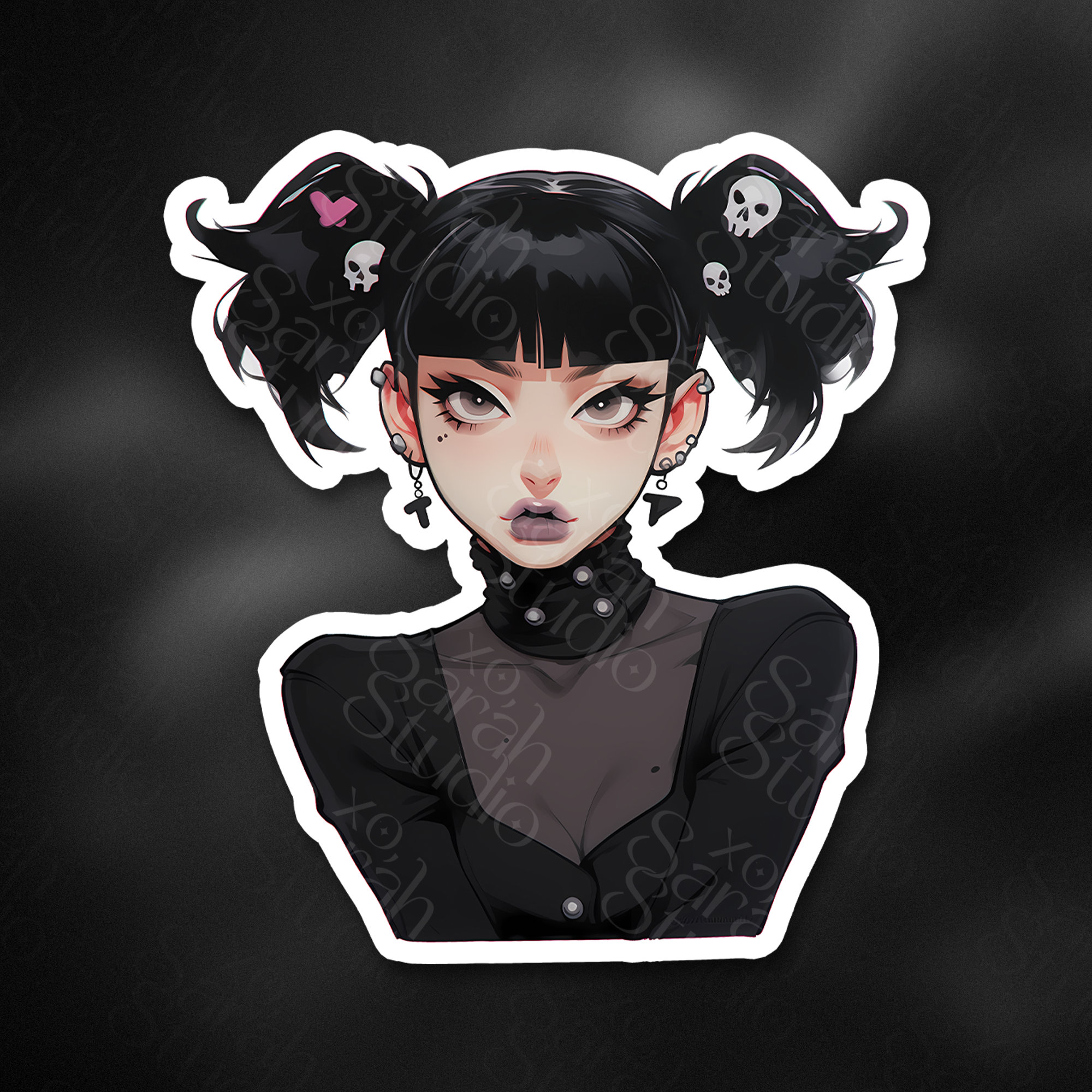 Goth Anime Girl Sticker, Durable Vinyl, Cute Black Hair, Skulls ...