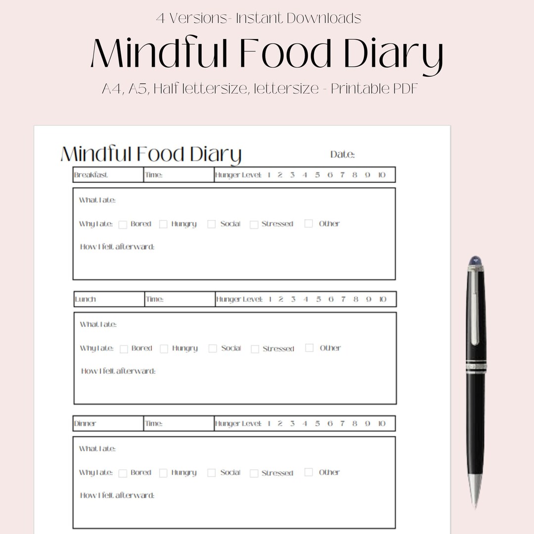 Mindful Food Diary Printable, Mindful Eating Journal, Intuitive Eating ...