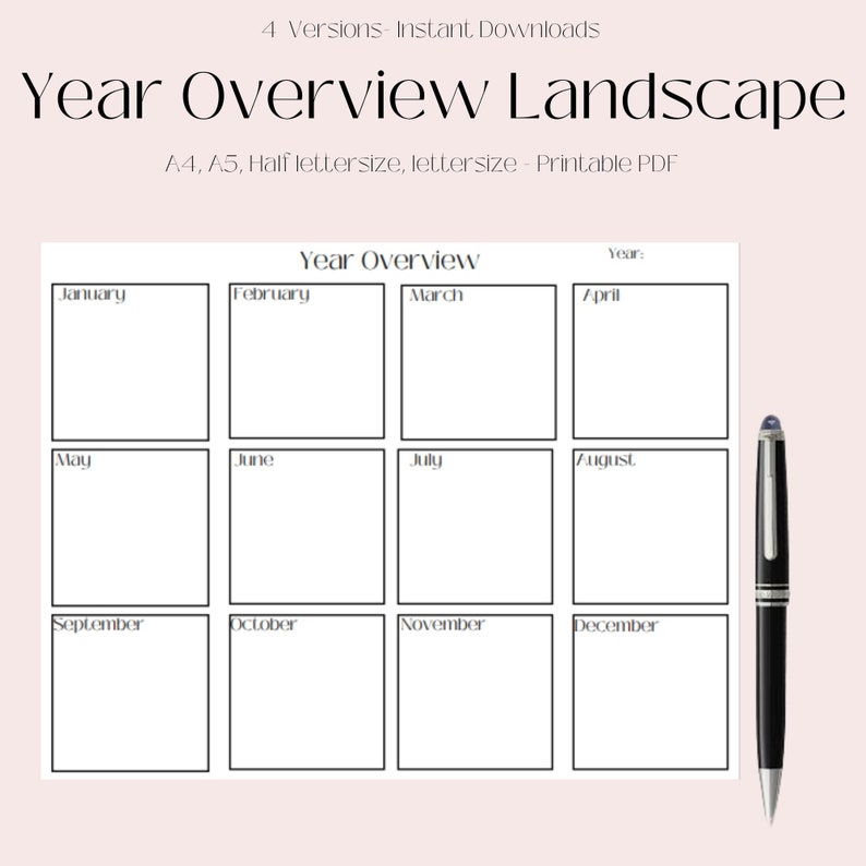 Year Overview Printable Landscape, Yearly Planner, Year at a Glance ...