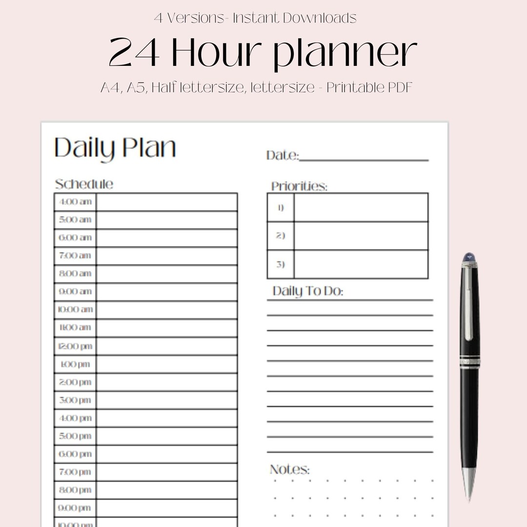 24 Hour Daily Planner Printable, Everyday Planner, Daily Schedule ...