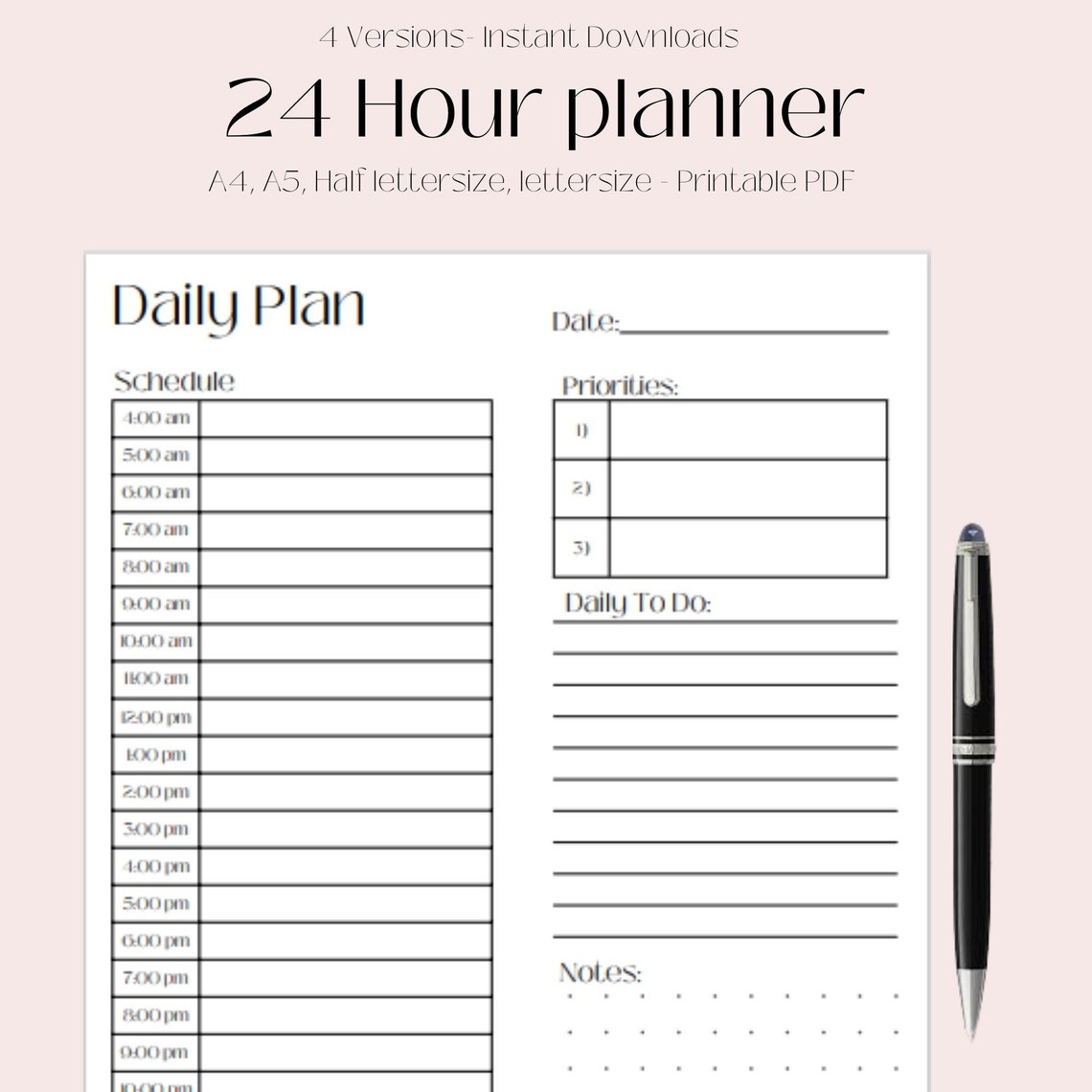 24 Hour Daily Planner Printable, Everyday Planner, Daily Schedule ...