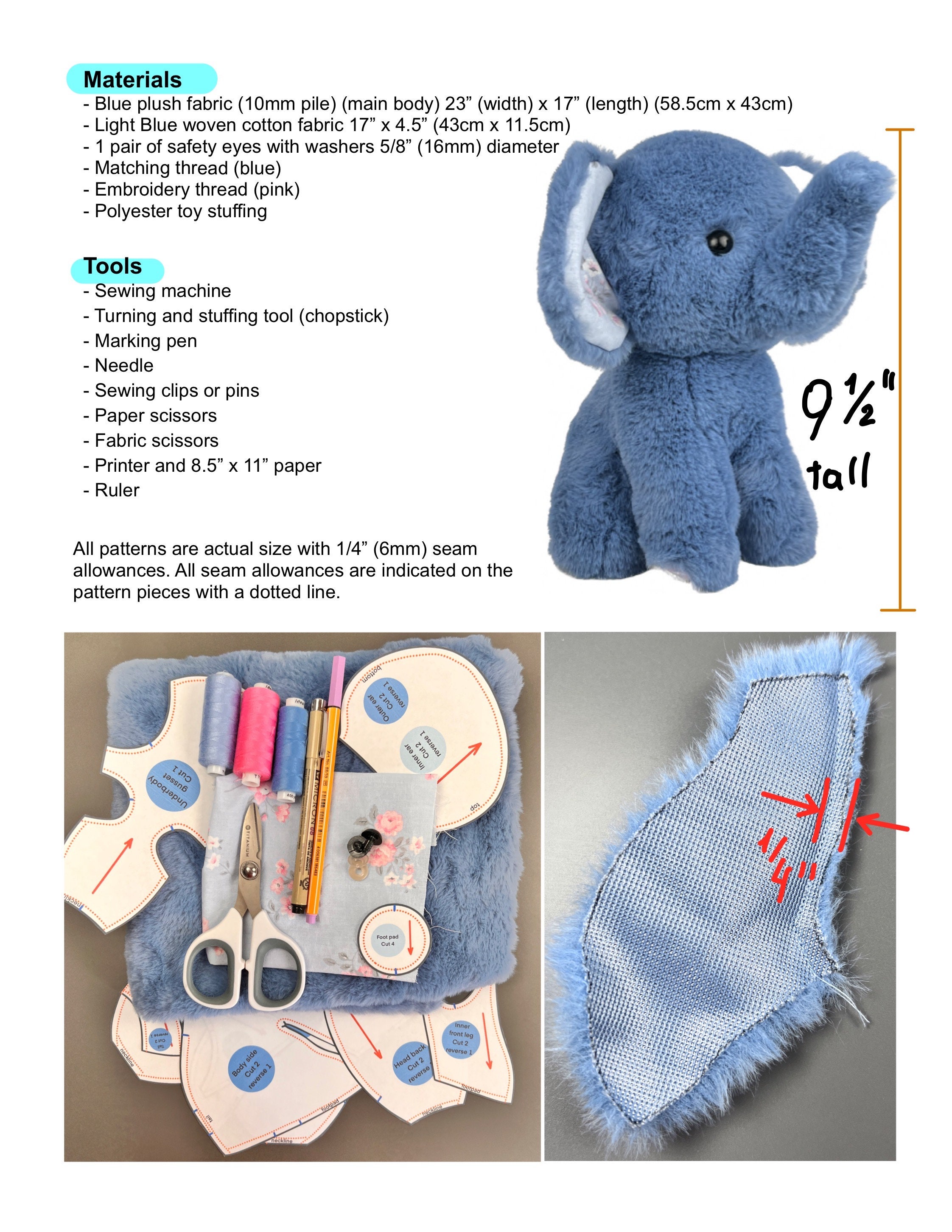 Elephant Plushy Toy Sewing Pattern, Stuffed Elephant Tutorial - Etsy