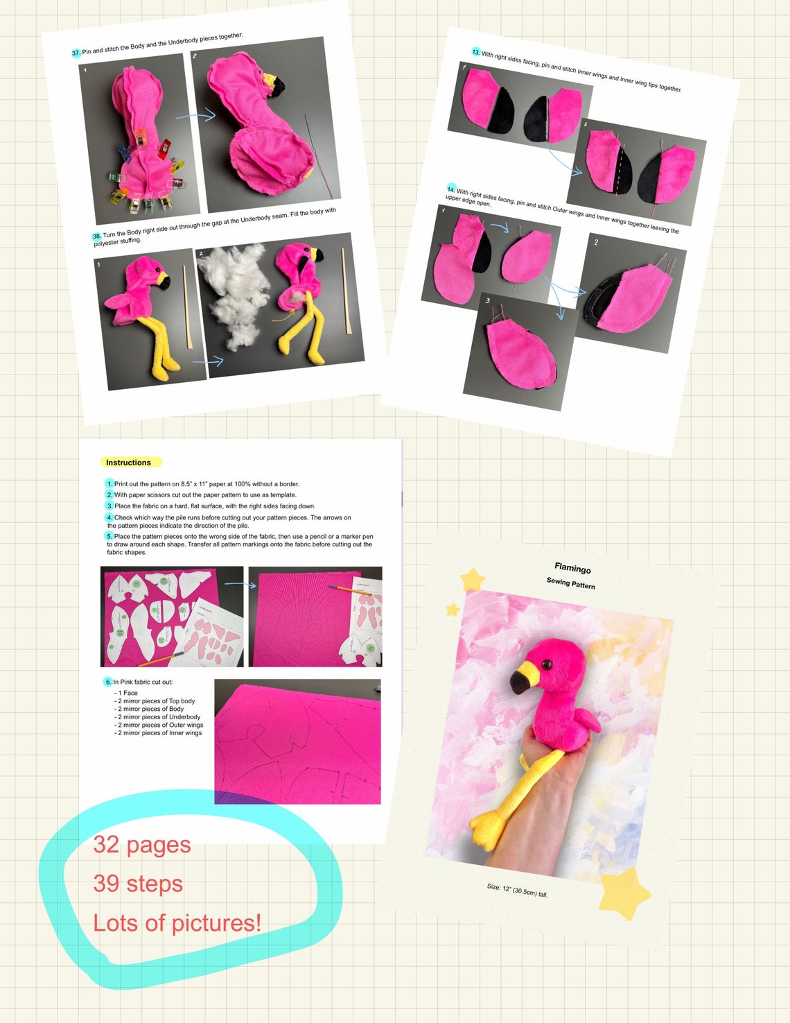 FLAMINGO Sewing Pattern Stuffed Animal DIY Bird Plush Toy Sewing ...