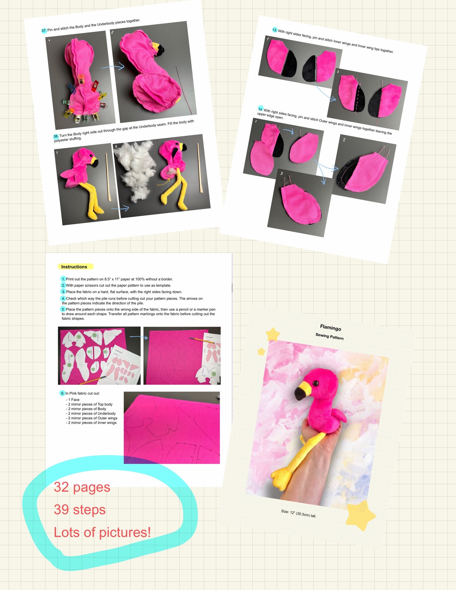 FLAMINGO Sewing Pattern Stuffed Animal DIY Bird Plush Toy Sewing ...