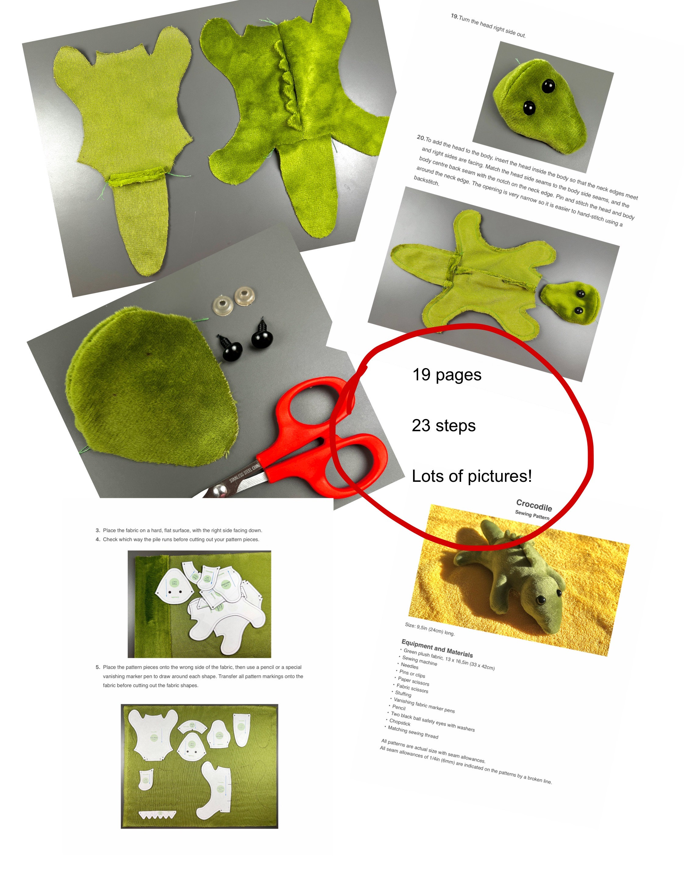 Crocodile Sewing Pattern Stuffed Animal DIY Alligator Plush Toy Sewing ...
