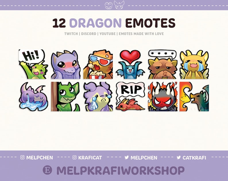 DRAGON EMOTES (12) | Twitch | Discord | Youtube | Colorful Dragon Emote ...