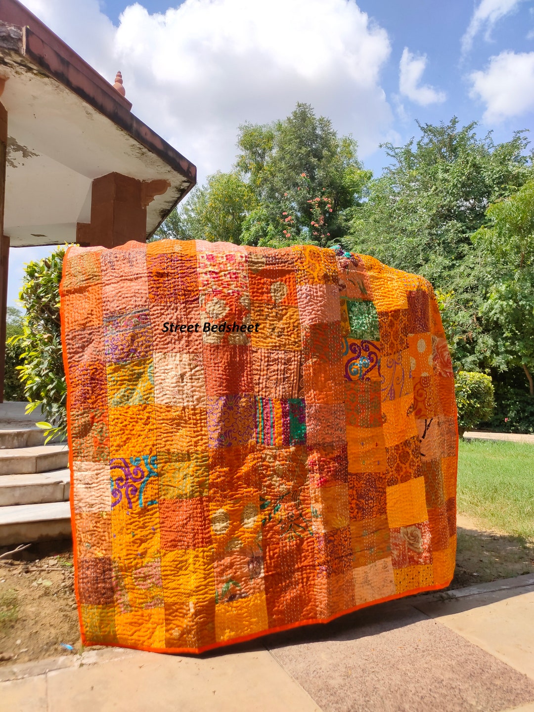 Vintage Kantha Quilt, Handmade Cotton Throw Blanket, Reversible Indian ...