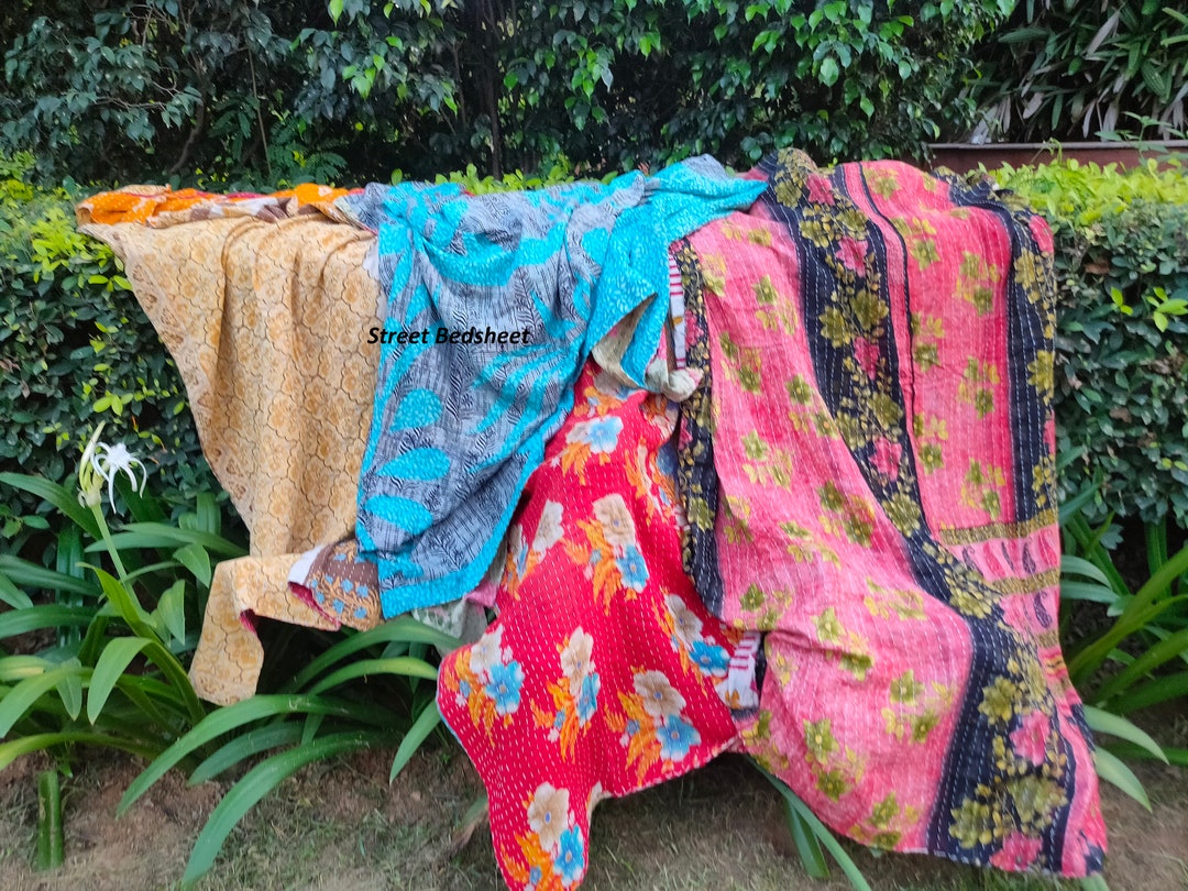 Kantha Quilt Throw Blanket Indian Handmade Cotton Bedspread Vintage ...