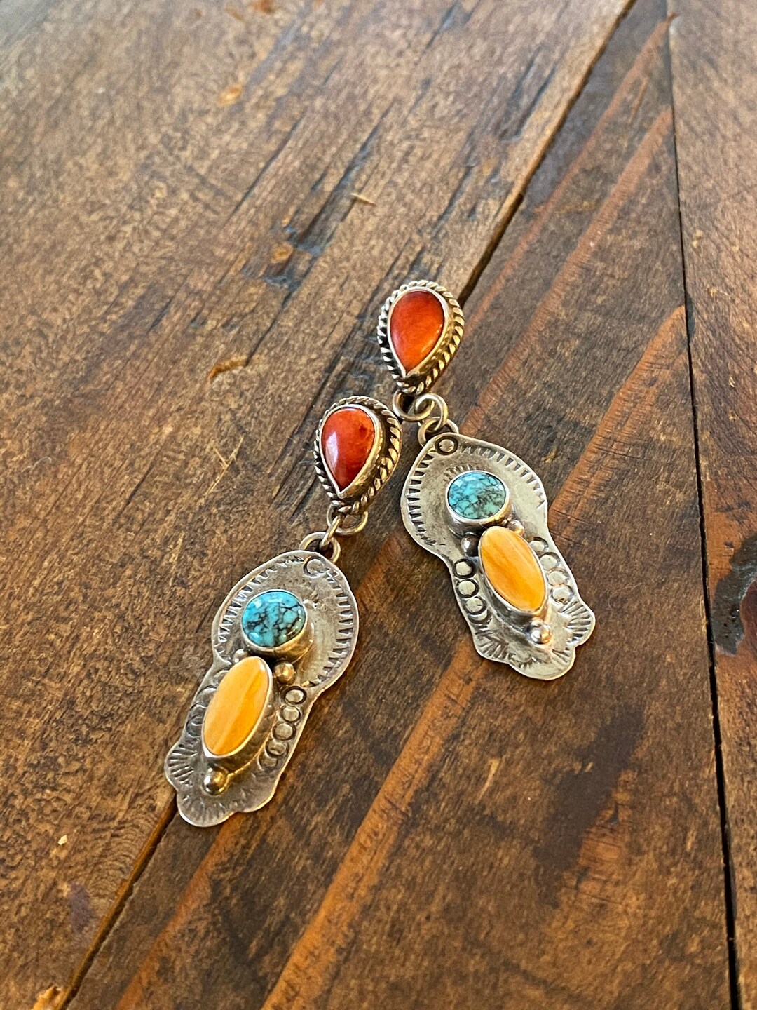 Vintage Navajo Turquoise, Red Jasper and Orange Spiny Oyster Earrings ...