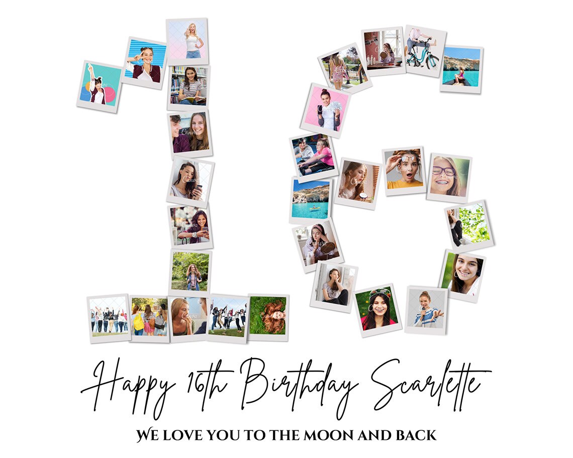 16th Birthday Photo Collage, 16th Birthday Gift, Birthday Number 16 ...