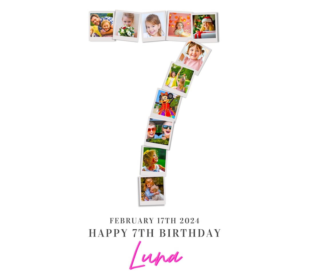 7th Birthday Photo Collage, 7th Birthday Gift, Birthday Number 7 ...