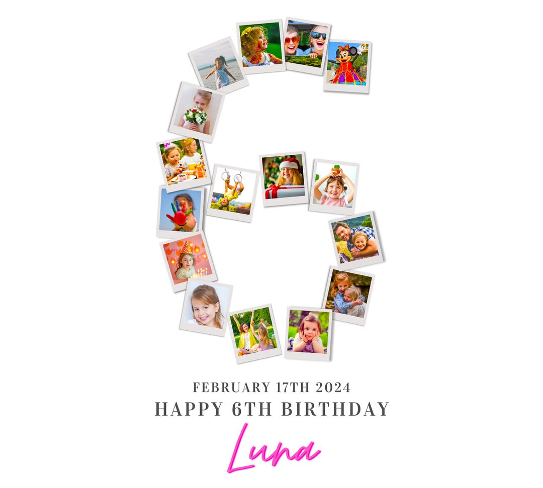 6th Birthday Photo Collage Template: Editable Number 6 Poster (digital ...