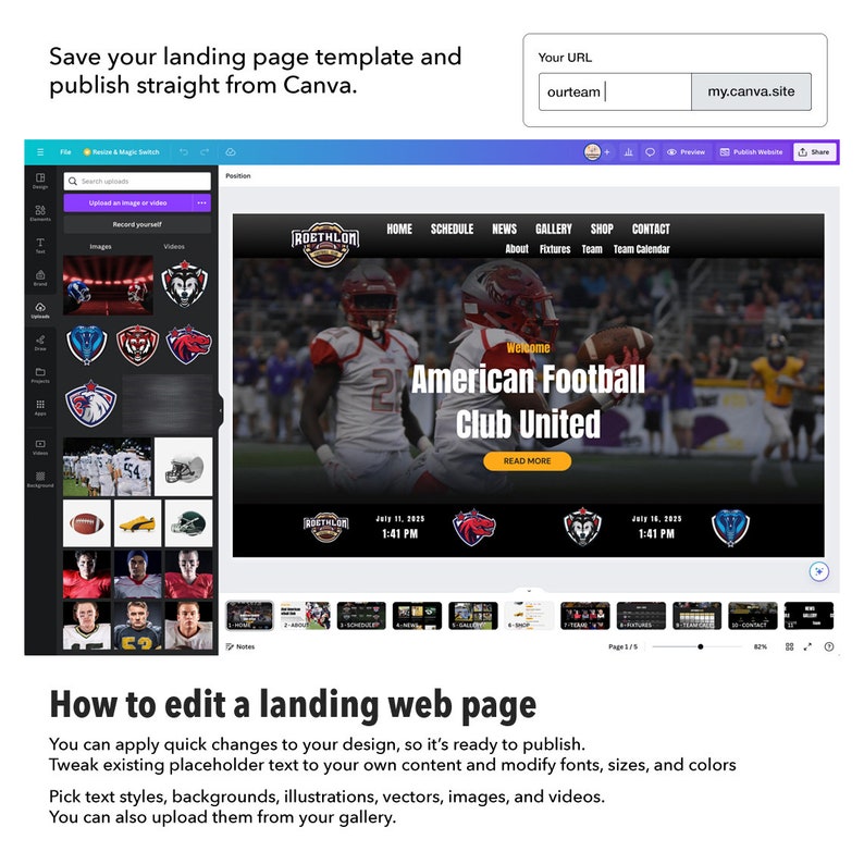 American Football Team Website Template: Canva One-page Design (digital ...
