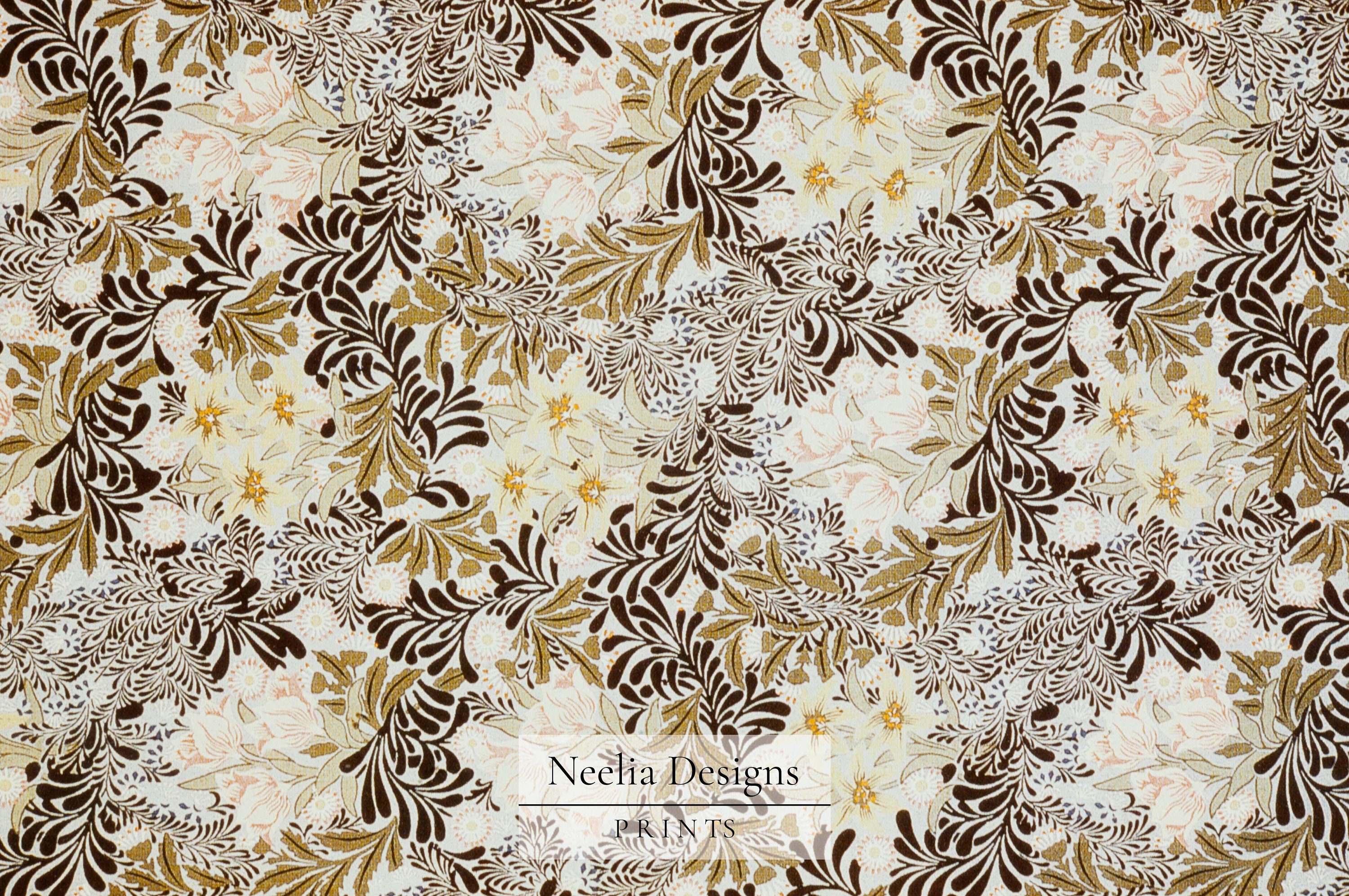 Gold, Black and Ivory Floral Pattern Vintage Pattern Digital Print Wall ...