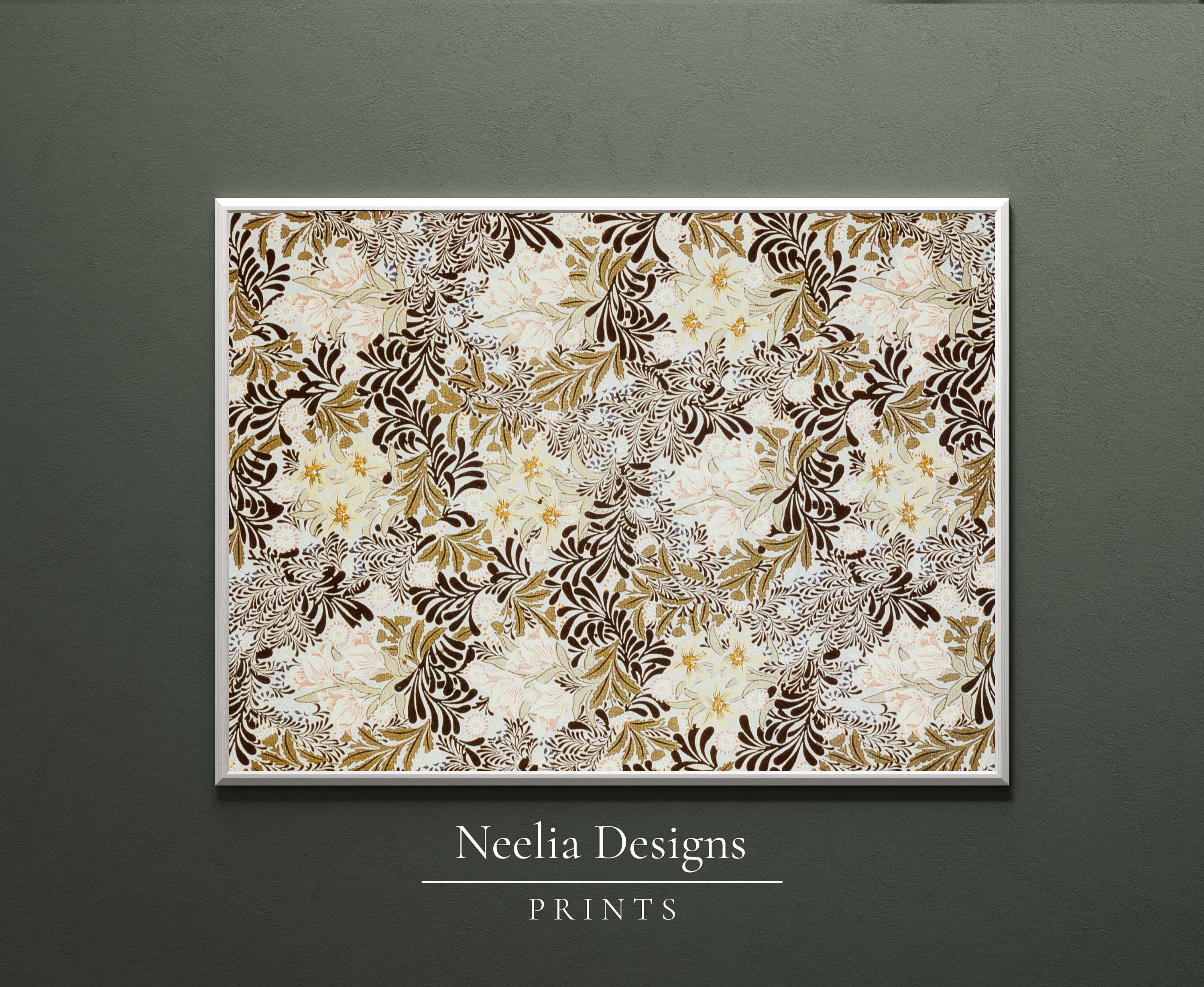 Gold, Black and Ivory Floral Pattern Vintage Pattern Digital Print Wall ...