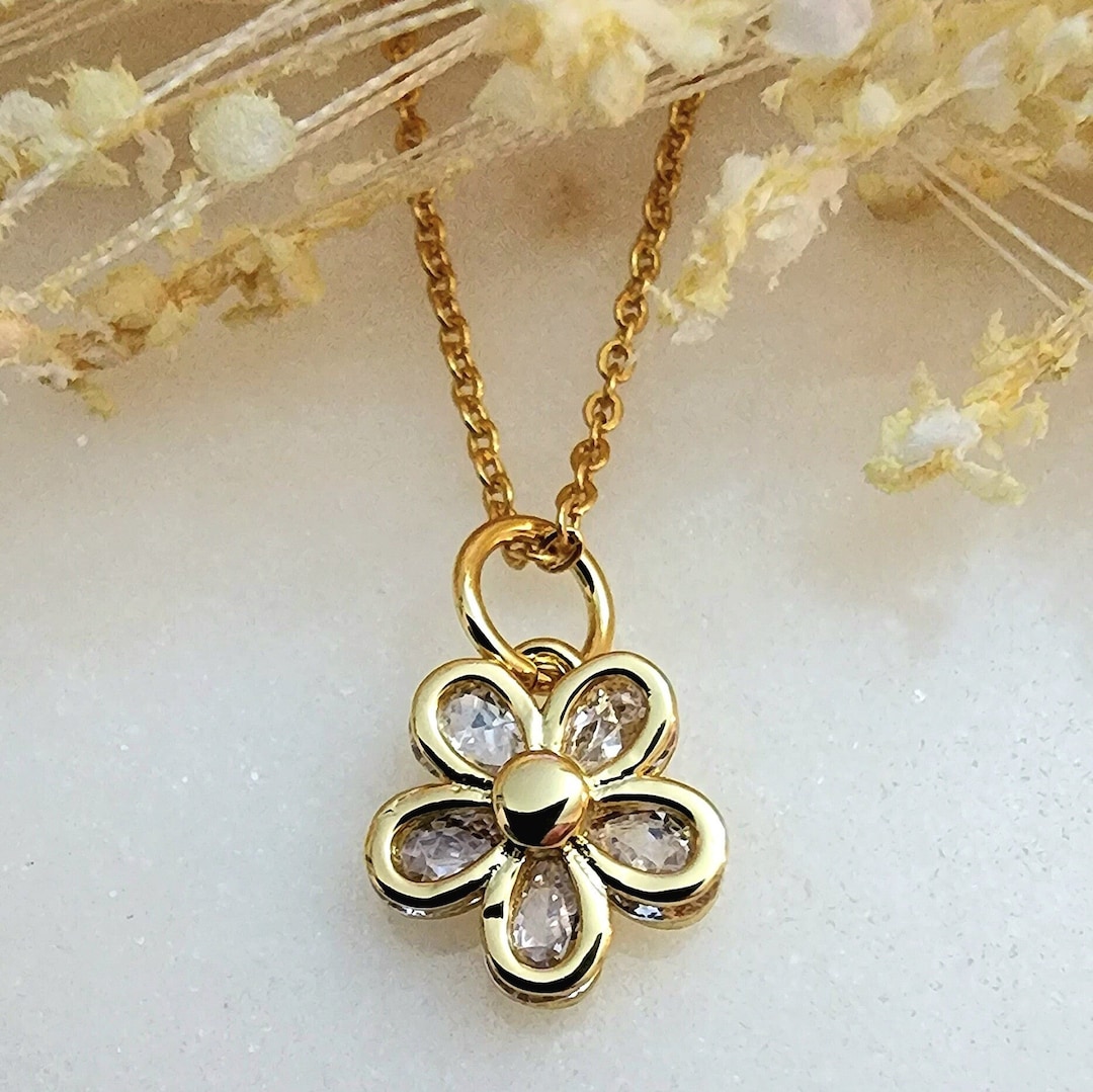 Flower Necklace, Gold Flower Necklace, Zirconia Flower Necklace, Flower ...