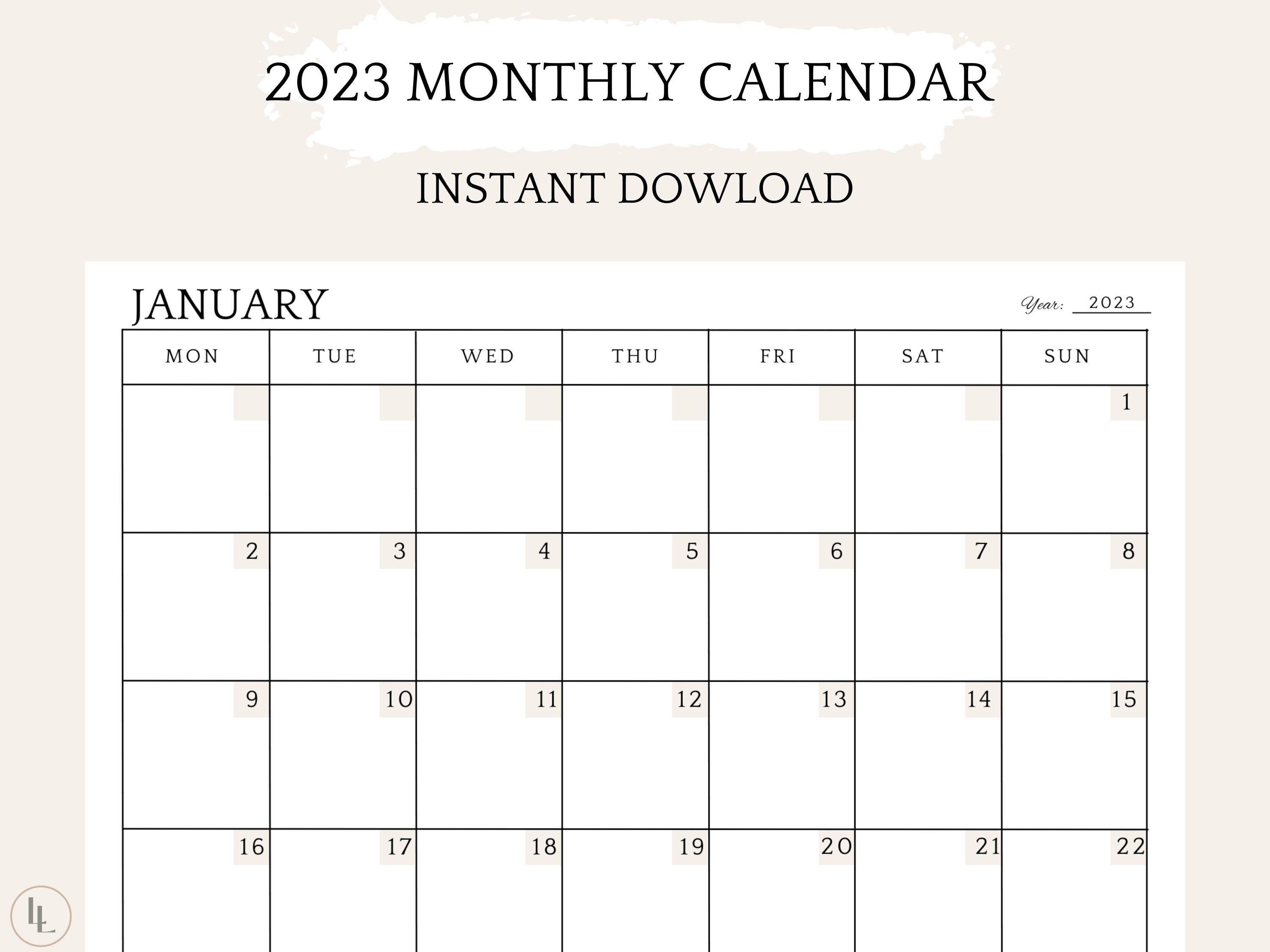 Monthly 2023 Calendar Download Monthly 2023 Template Calendar - Etsy