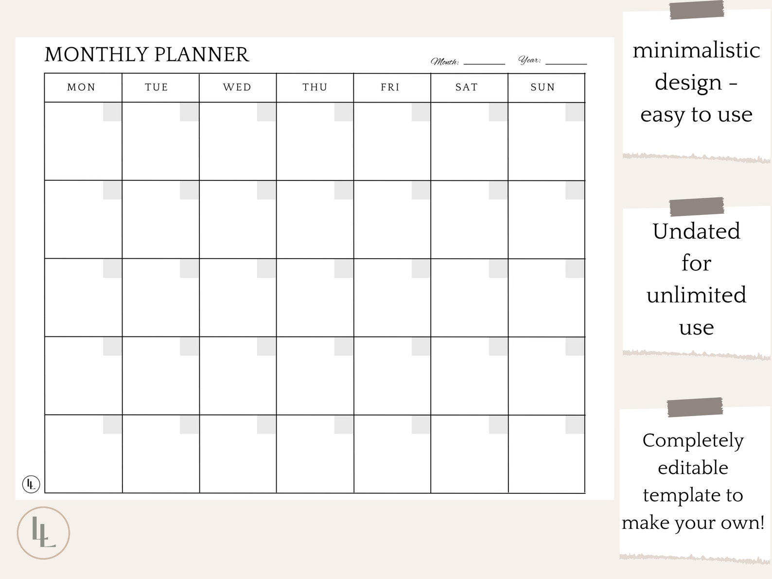 Monthly Calendar Planner Editable Template, Blank Monthly Calendar ...