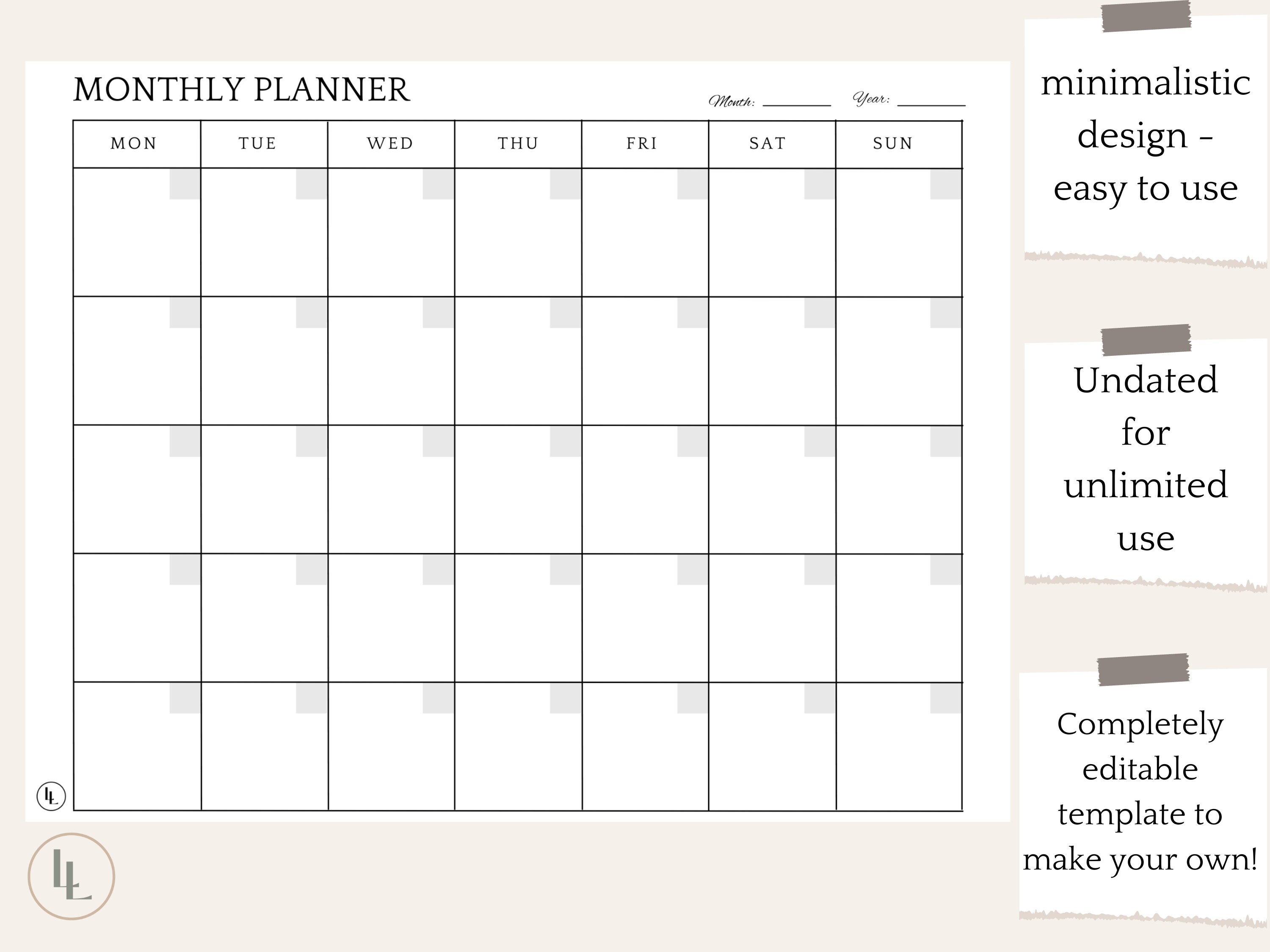 Monthly Calendar Planner Editable Template, Blank Monthly Calendar ...