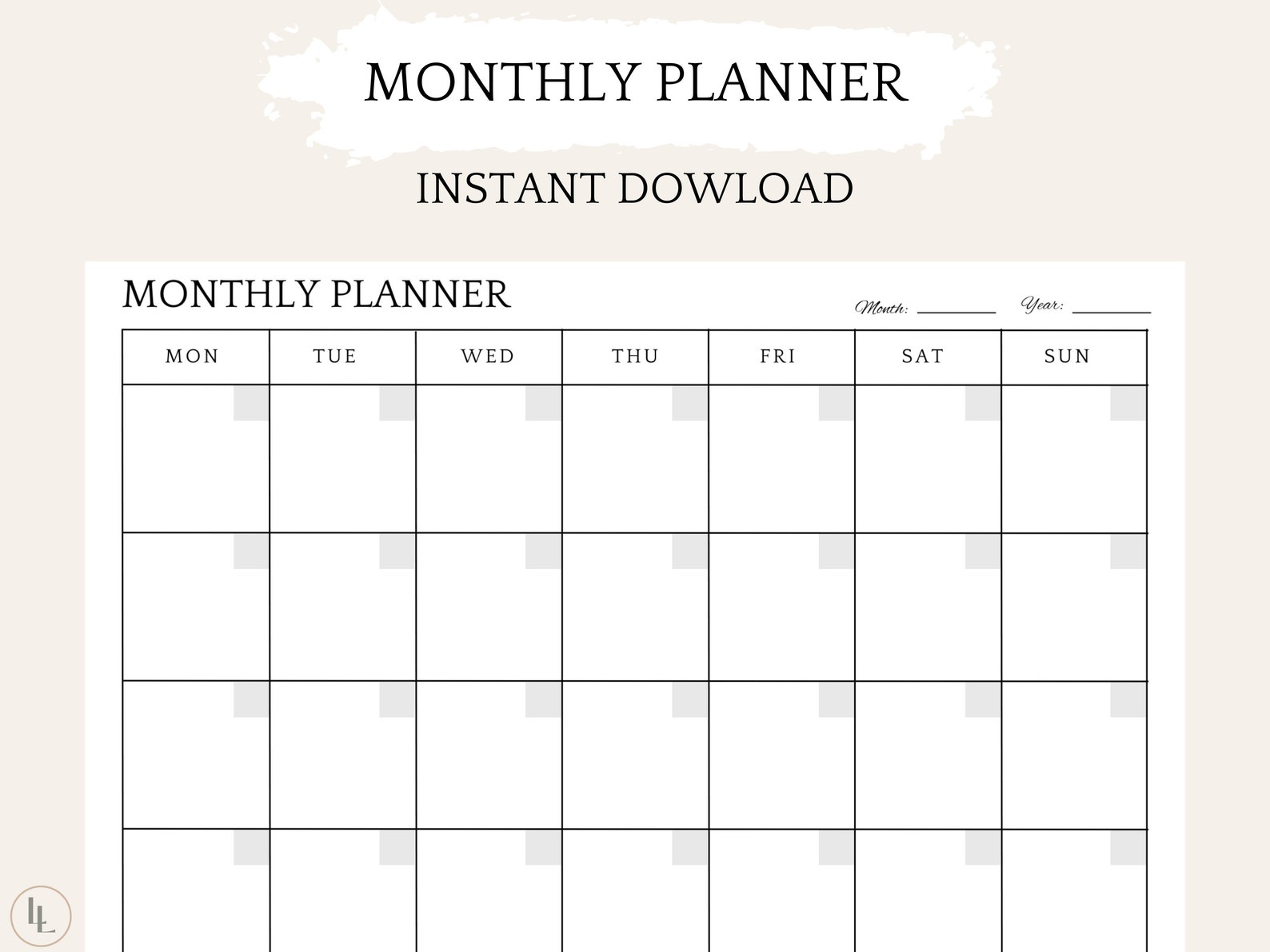 Monthly Calendar Planner Editable Template, Blank Monthly Calendar ...