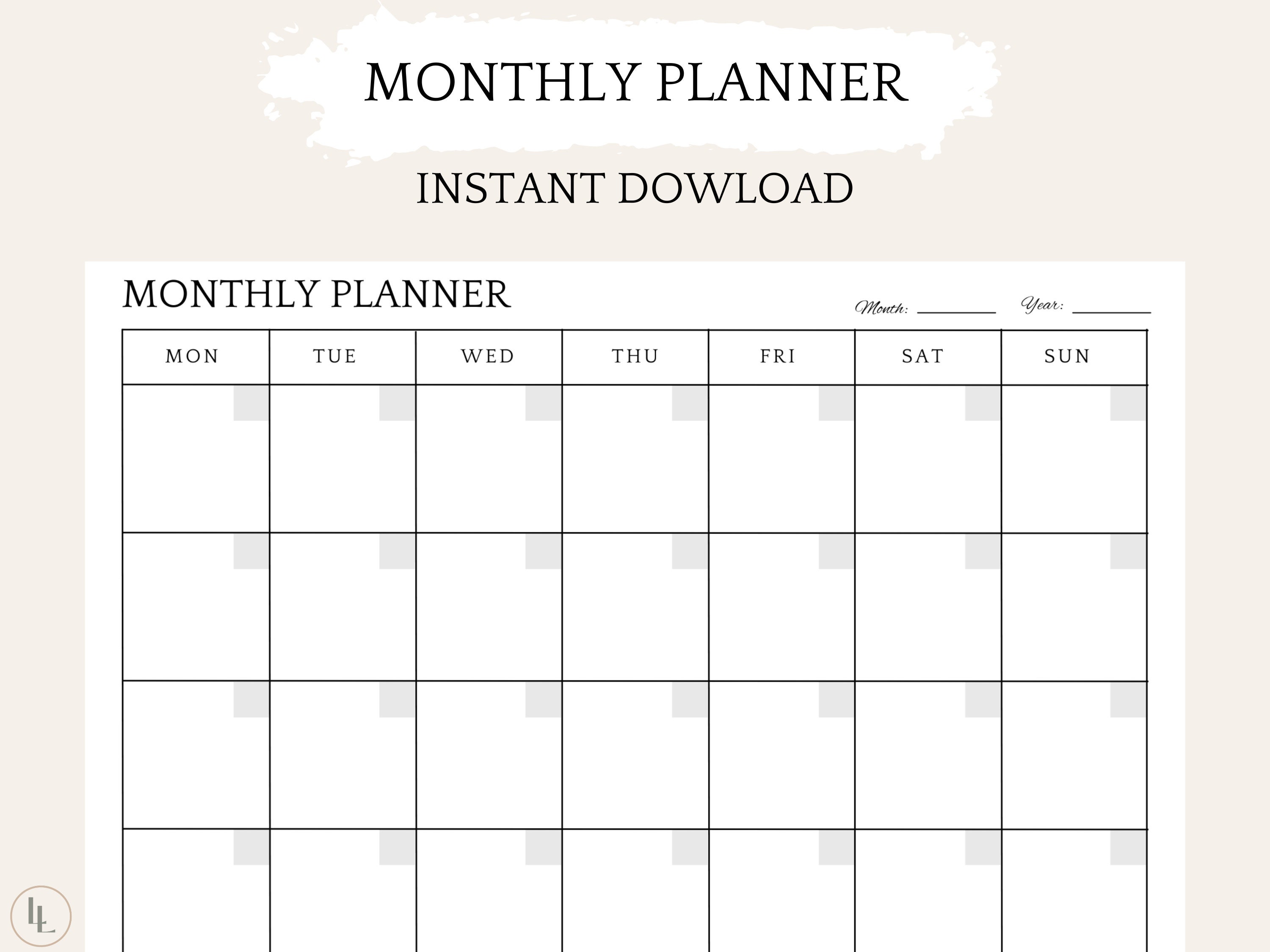 Monthly Calendar Planner Editable Template, Blank Monthly Calendar ...