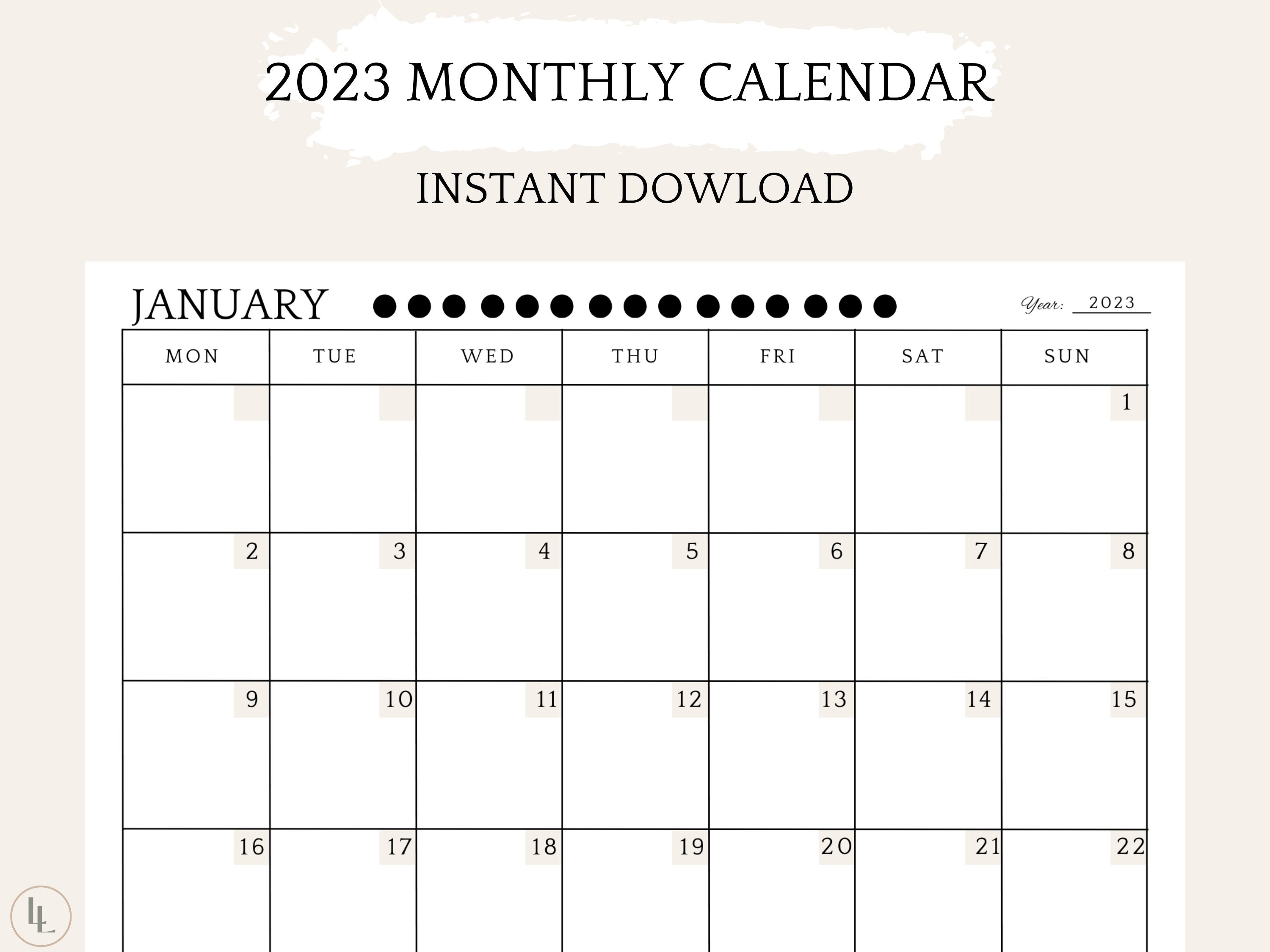 Monthly 2023 Calendar Download Monthly 2023 Template Calendar - Etsy