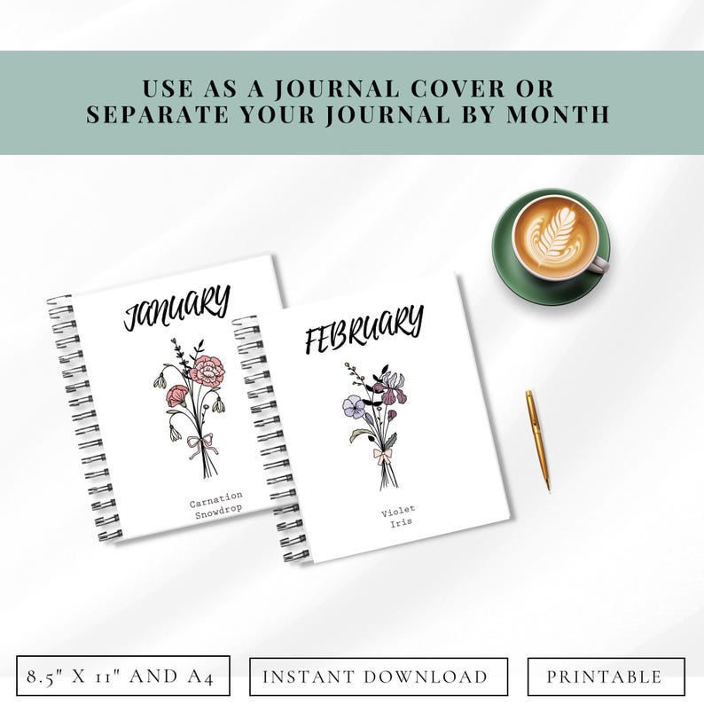 Birth Flower Journal Cover Bundle Printable Planner Floral Monthly ...