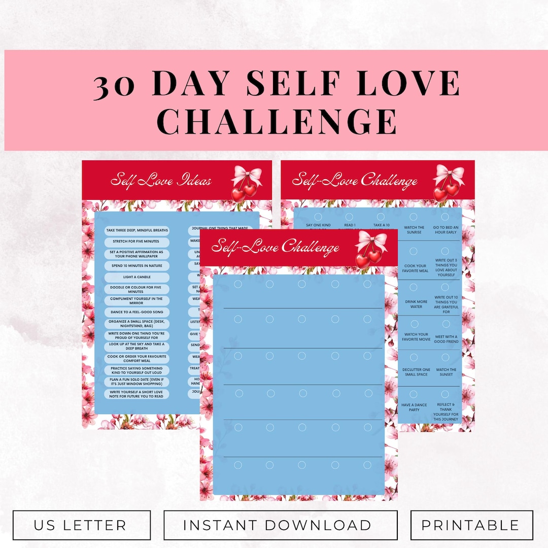 30-day Self Love Challenge Printable Cherry Pink Self Care Calendar and ...