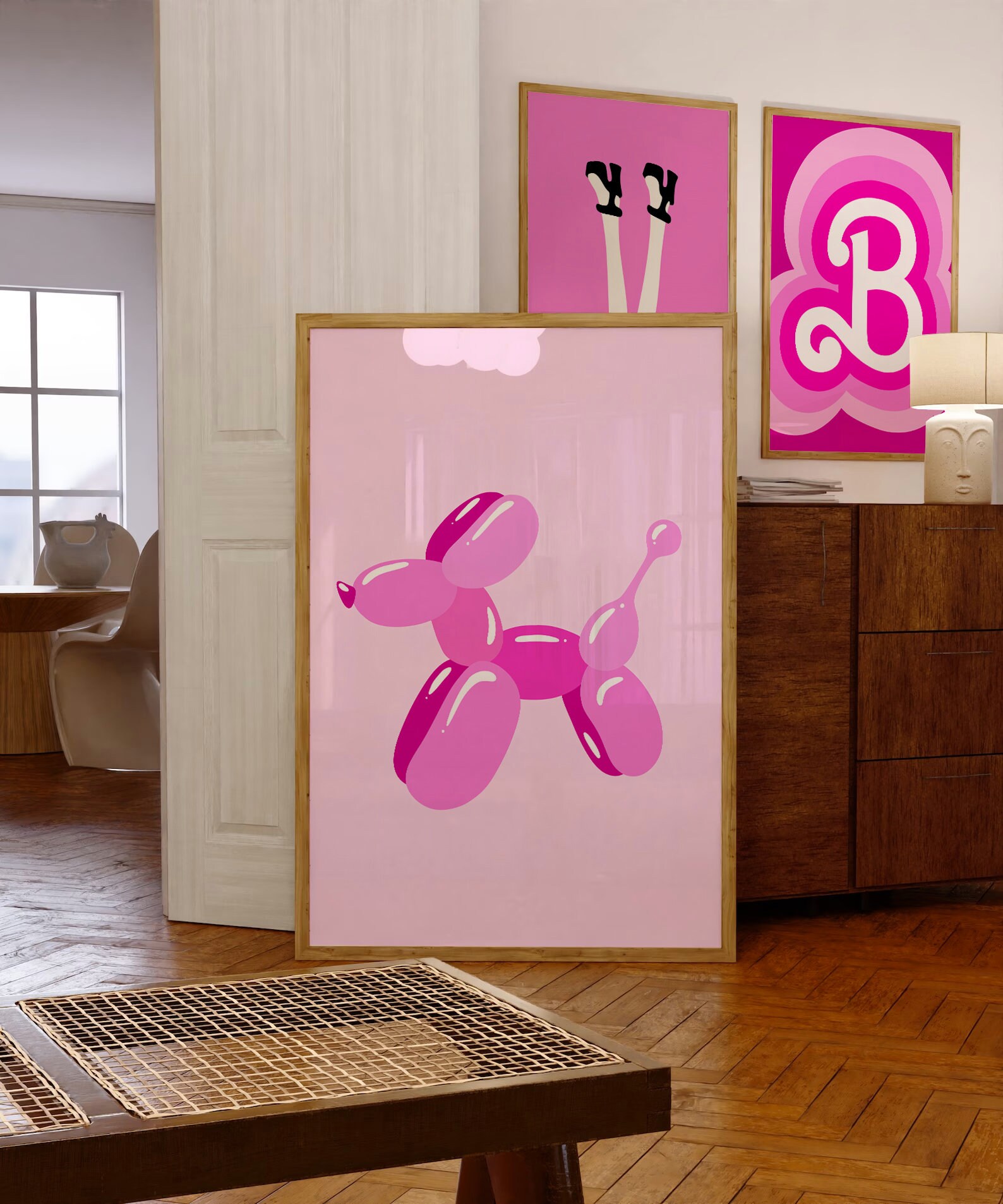 Cartel de perro globo rosa cartel preppy, arte de pared digital, cartel ...