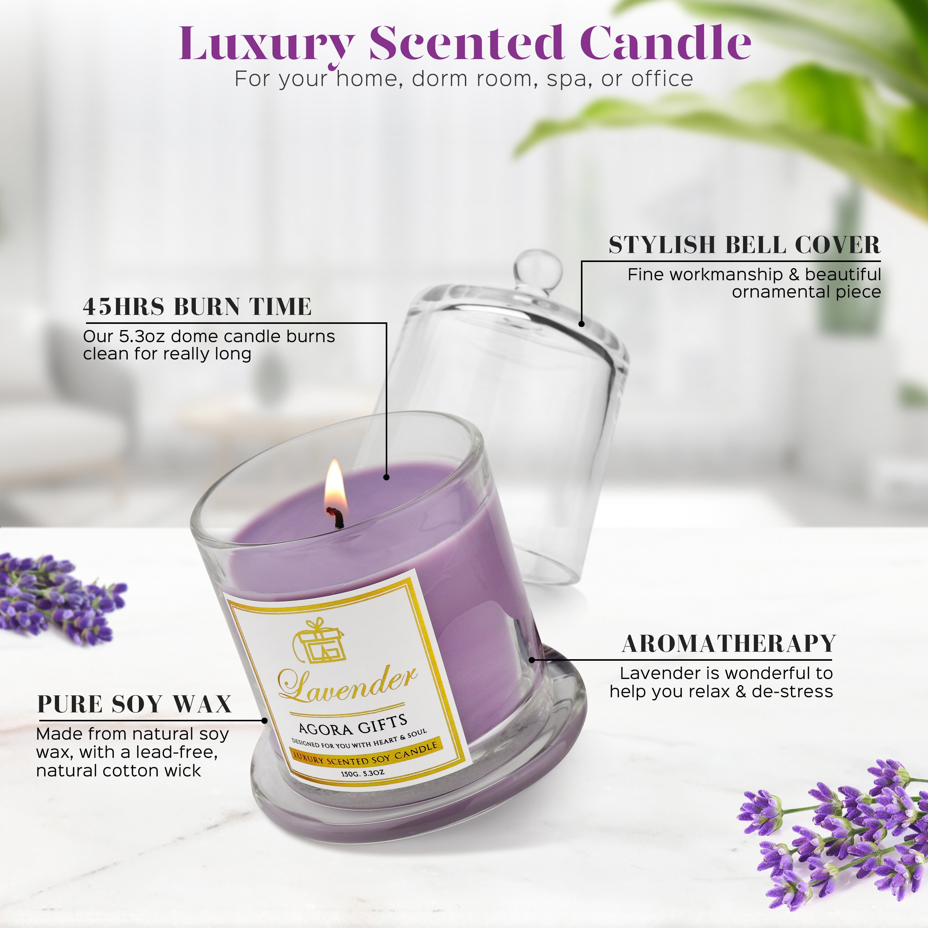 Luxury Lavender Soy Scented Candle in Glass Dome, Decorative Botanical ...