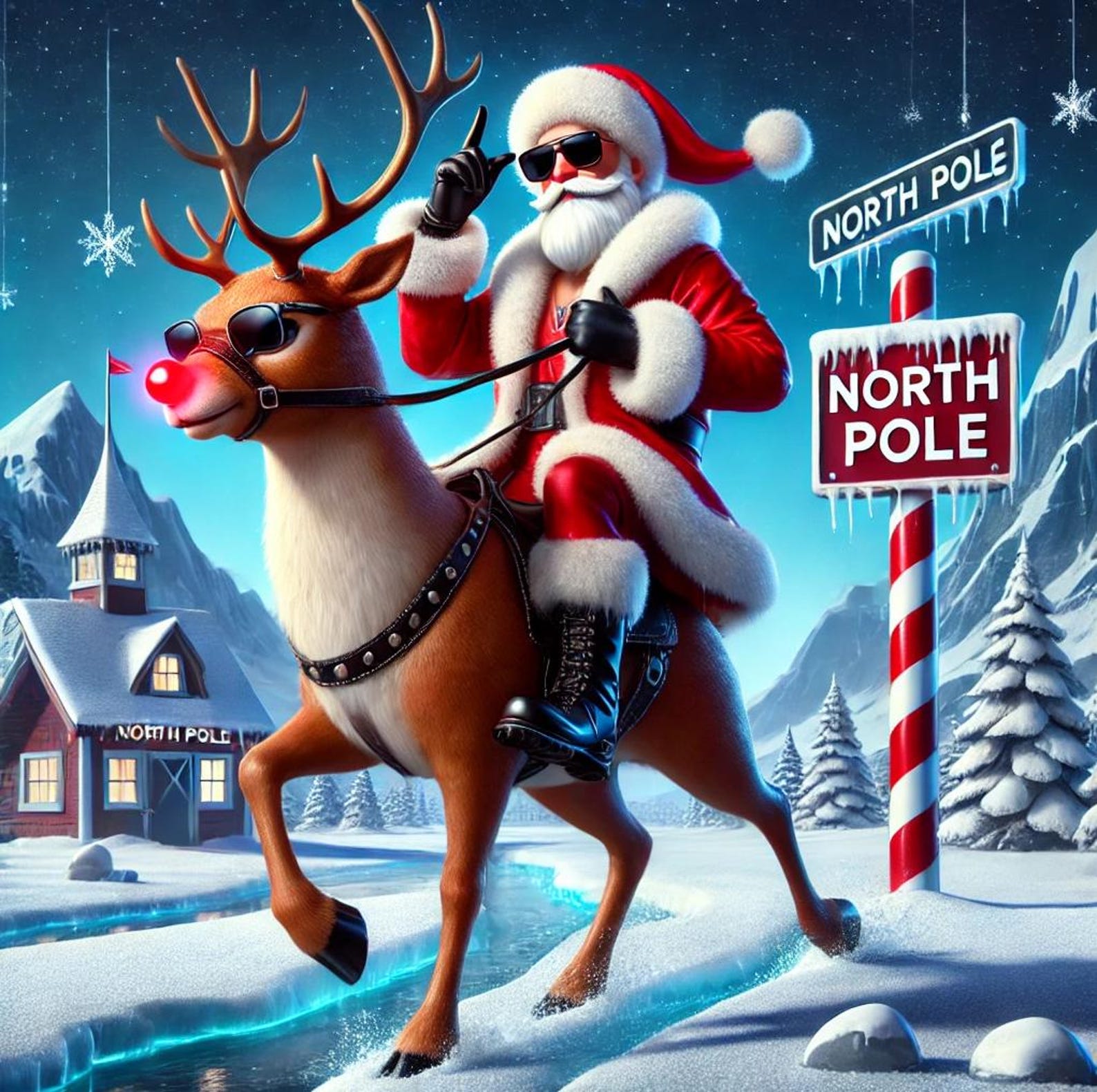 Cool Santa Riding Rudolph PNG Trendy Christmas Art North Pole Adventure ...