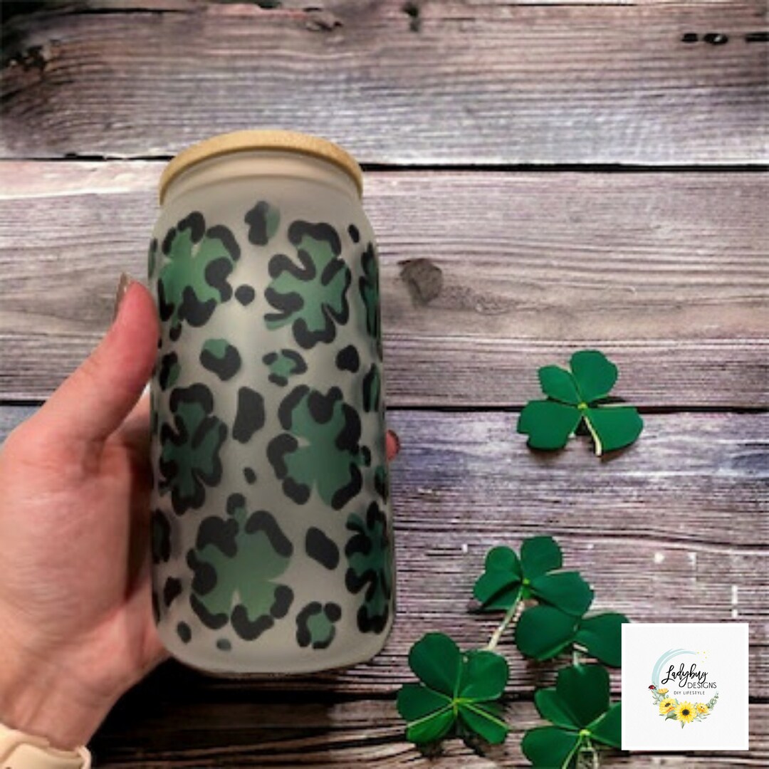 Leopard Shamrock 16 Oz Frosted Can Glass, St. Patrick's Day Libbey ...