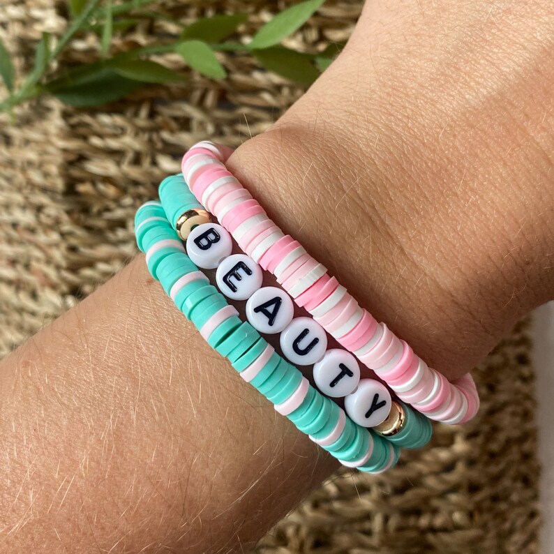 Spring Bracelets Pastel Bracelet Heishi Beaded Bracelet Word Bracelet ...