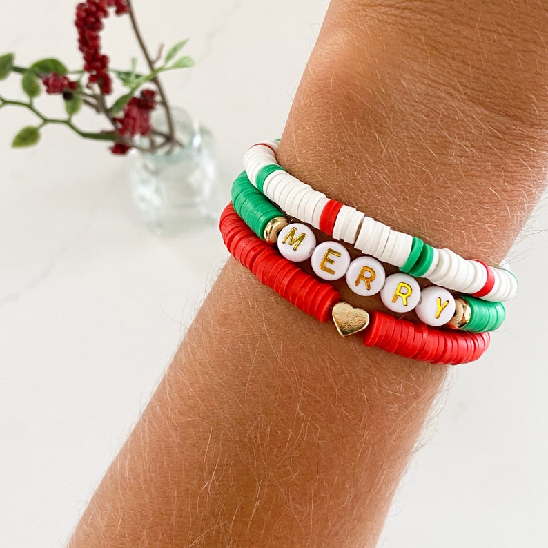 Holiday Bracelet | Christmas Bracelet | Heishi Beaded Bracelet | Word ...