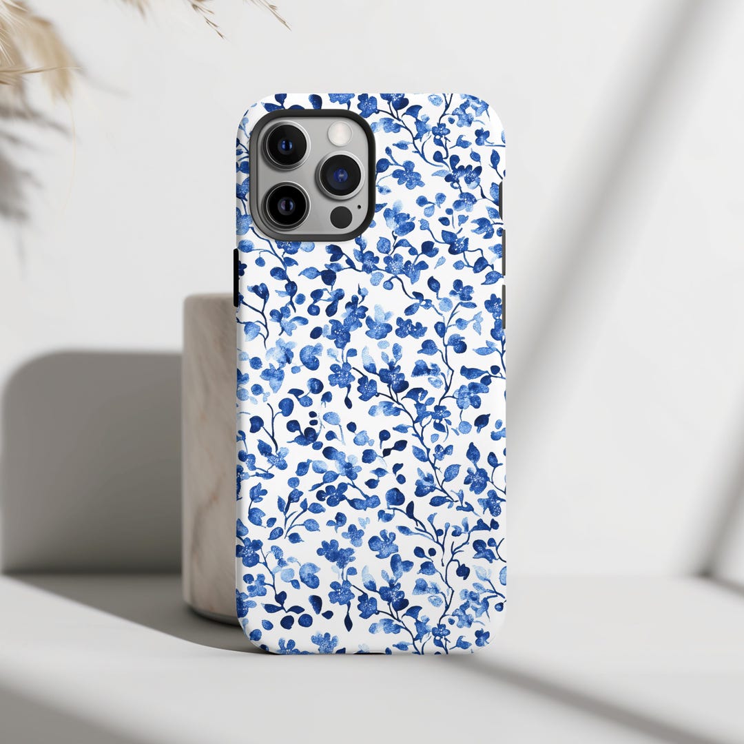 Blue Floral Toile Phone Case, Blue Flower Phone Case Compatible With ...