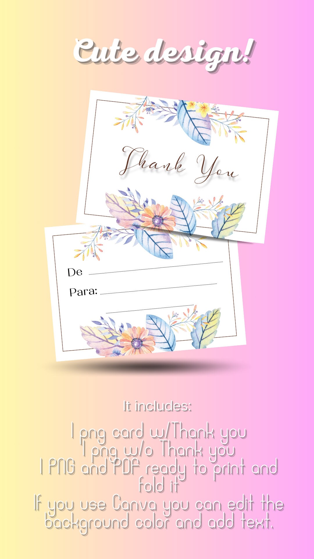Thank You Card Pastel Colors Flowers Png and Pdf Files + Script Font Bonus!!! - Etsy
