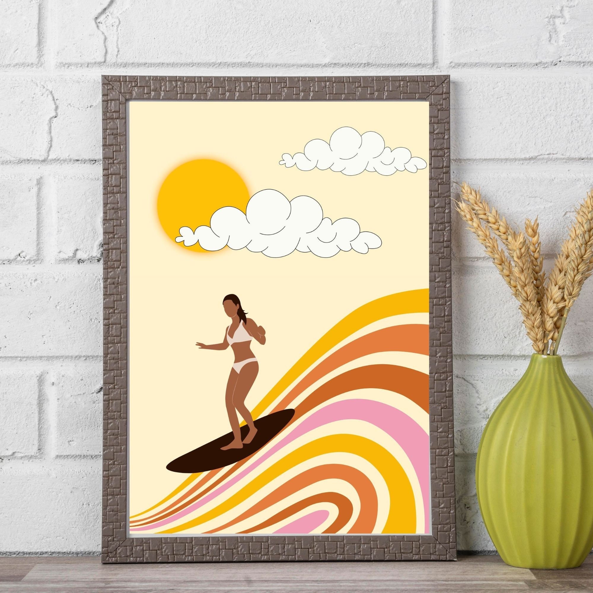 Retro Surf Wall Art, Surfer Girl Art, Surf Themed Print, Sunset, Beach ...