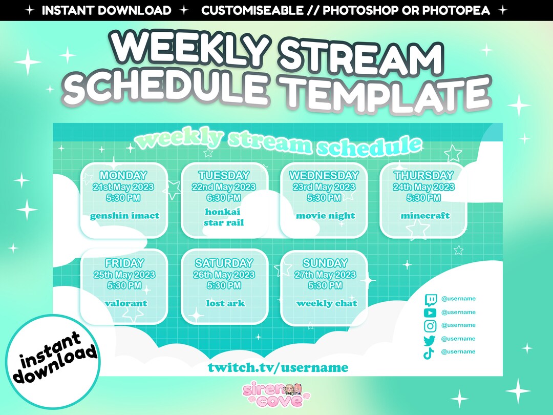 Cute Green Twitch Stream Schedule Weekly Template | Includes PSD ...
