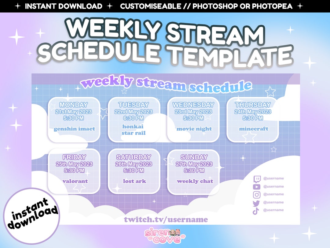 Cute Blue/purple Twitch Stream Schedule Weekly Template | Includes PSD ...