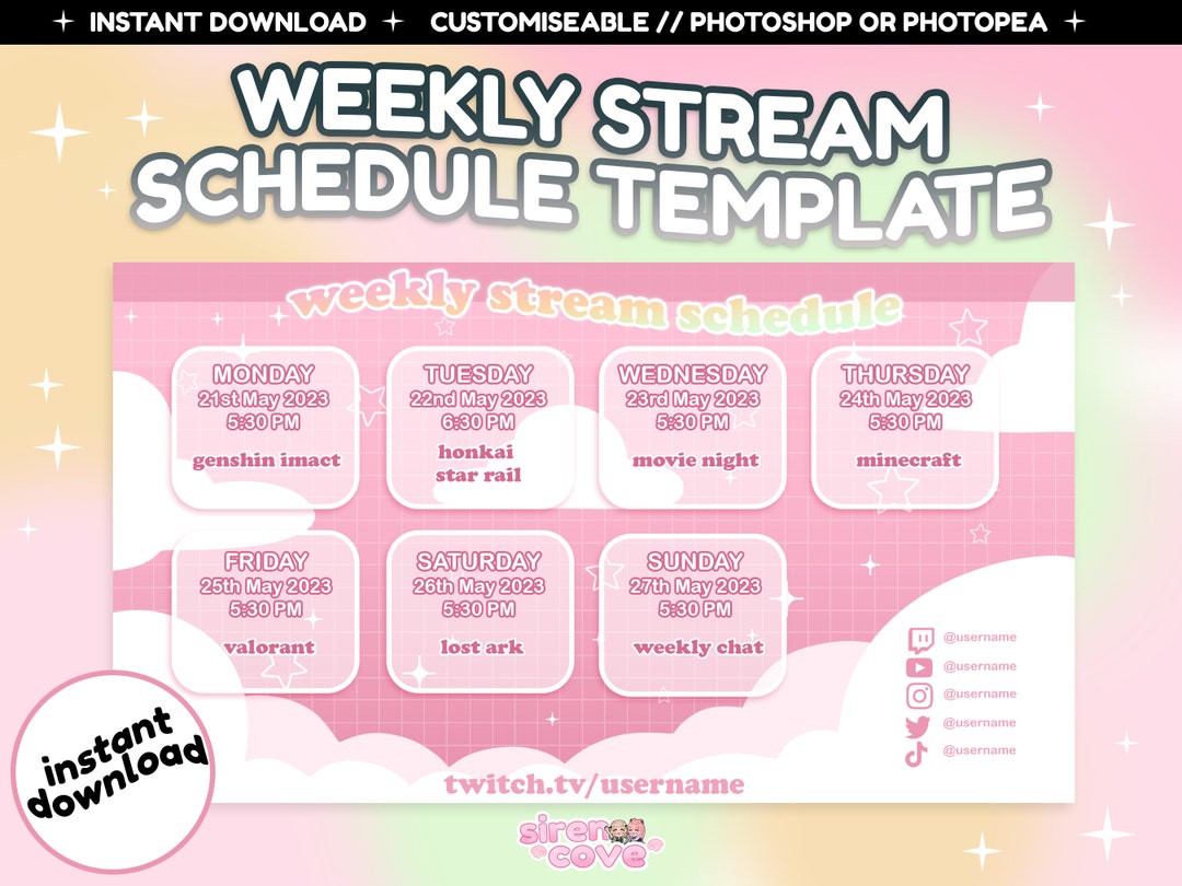 Cute Pink Twitch Stream Schedule Weekly Template | Includes PSD ...