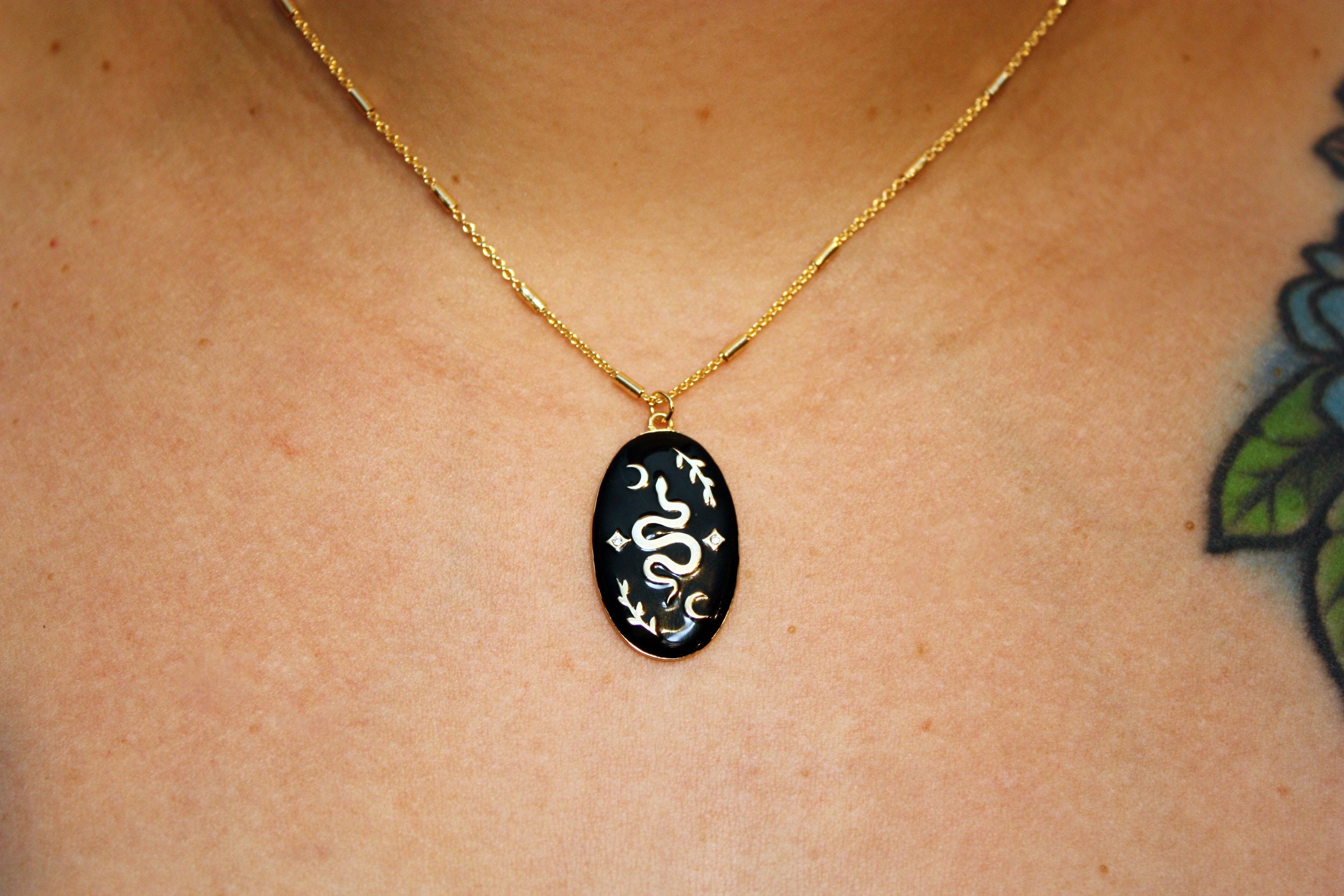 Black Enamel Snake Pendant - Snake Necklace, Enamel Necklace, Celestial ...