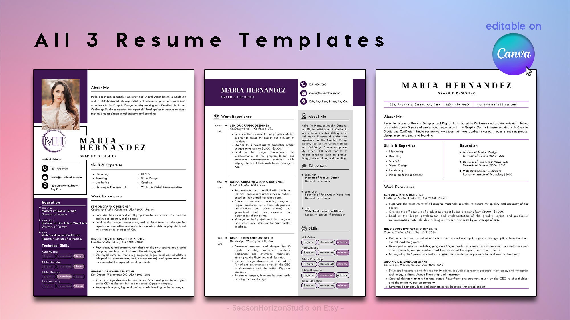 Creative Professional Resume Template 'maria' Editable Canva CV ...
