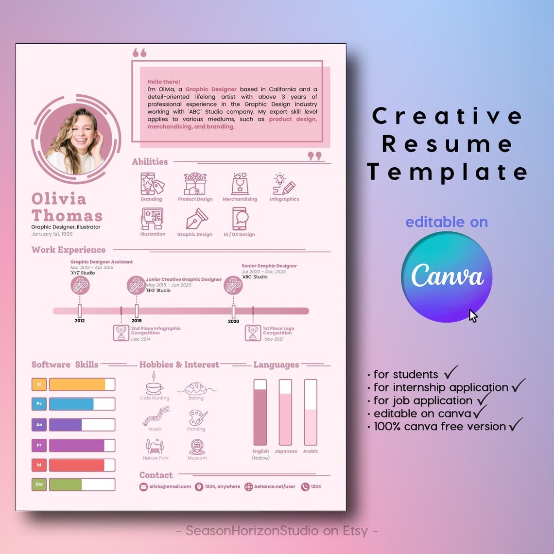 Graphic Design Resume Template 'olivia' Editable - Etsy