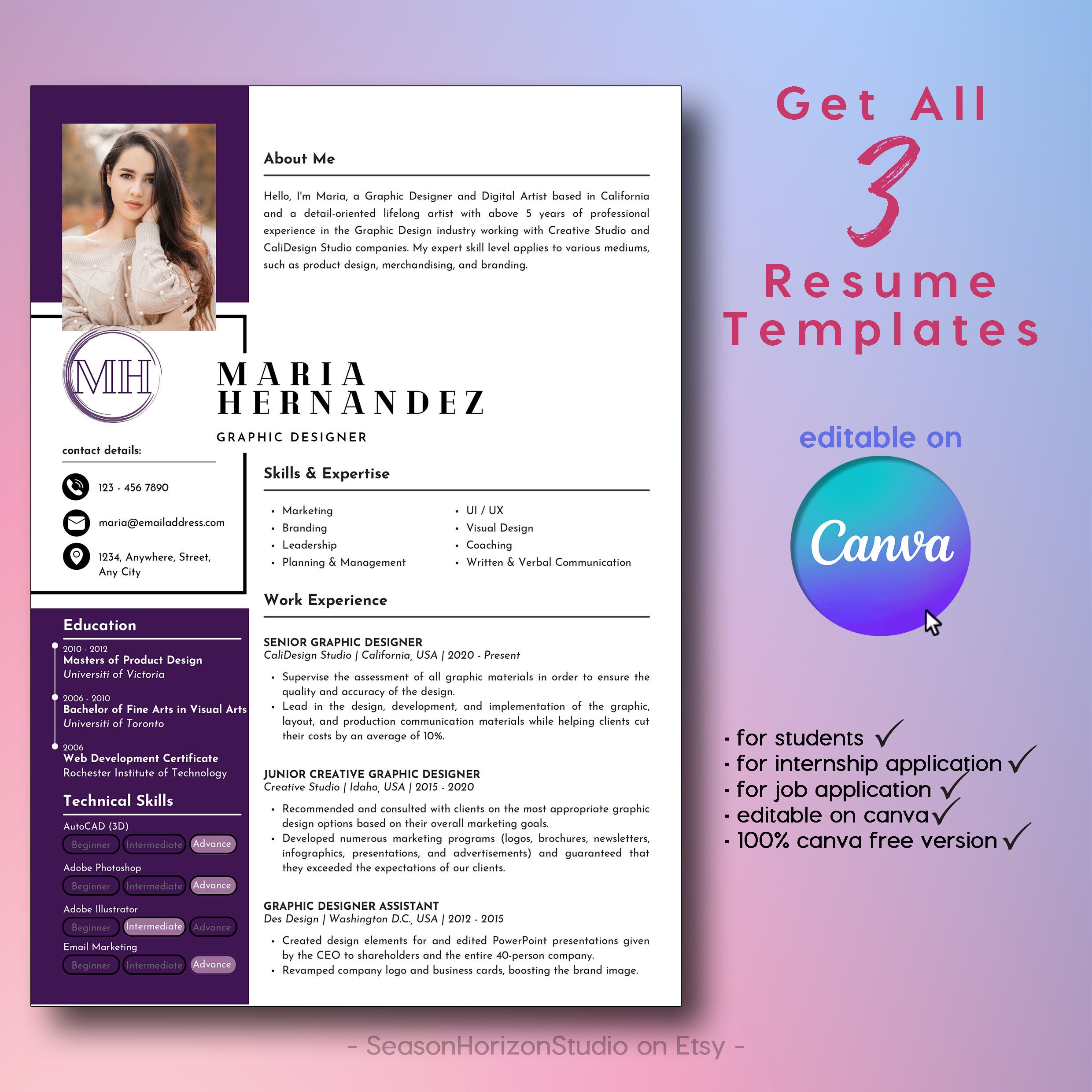 Creative Professional Resume Template 'maria' Editable Canva CV ...
