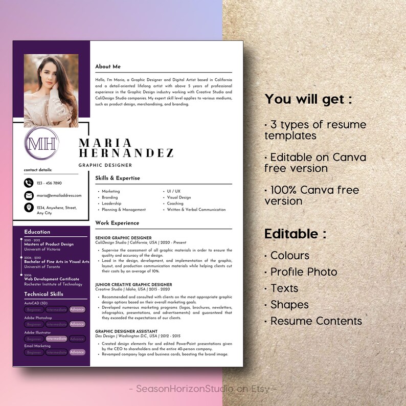 Creative Professional Resume Template 'maria' Editable Canva CV ...