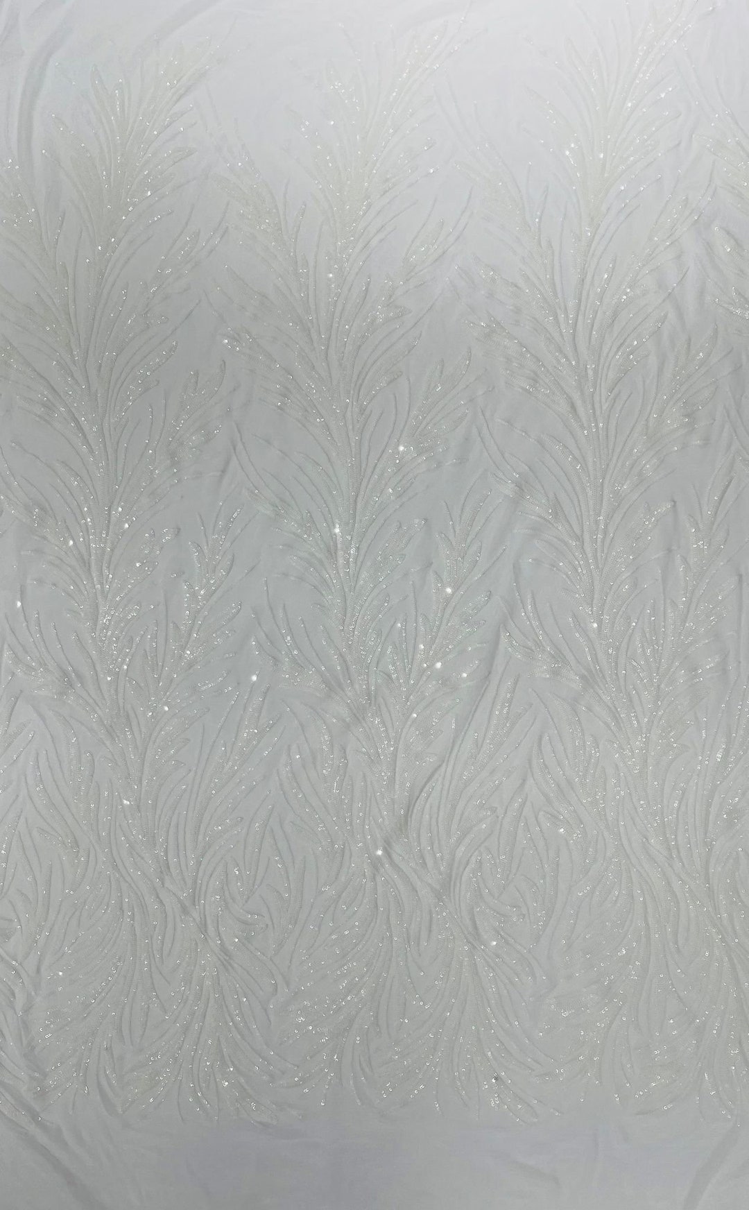 White Feather Damask Shiny Sequin Design on a 4 Way Stretch Mesh Fabric ...