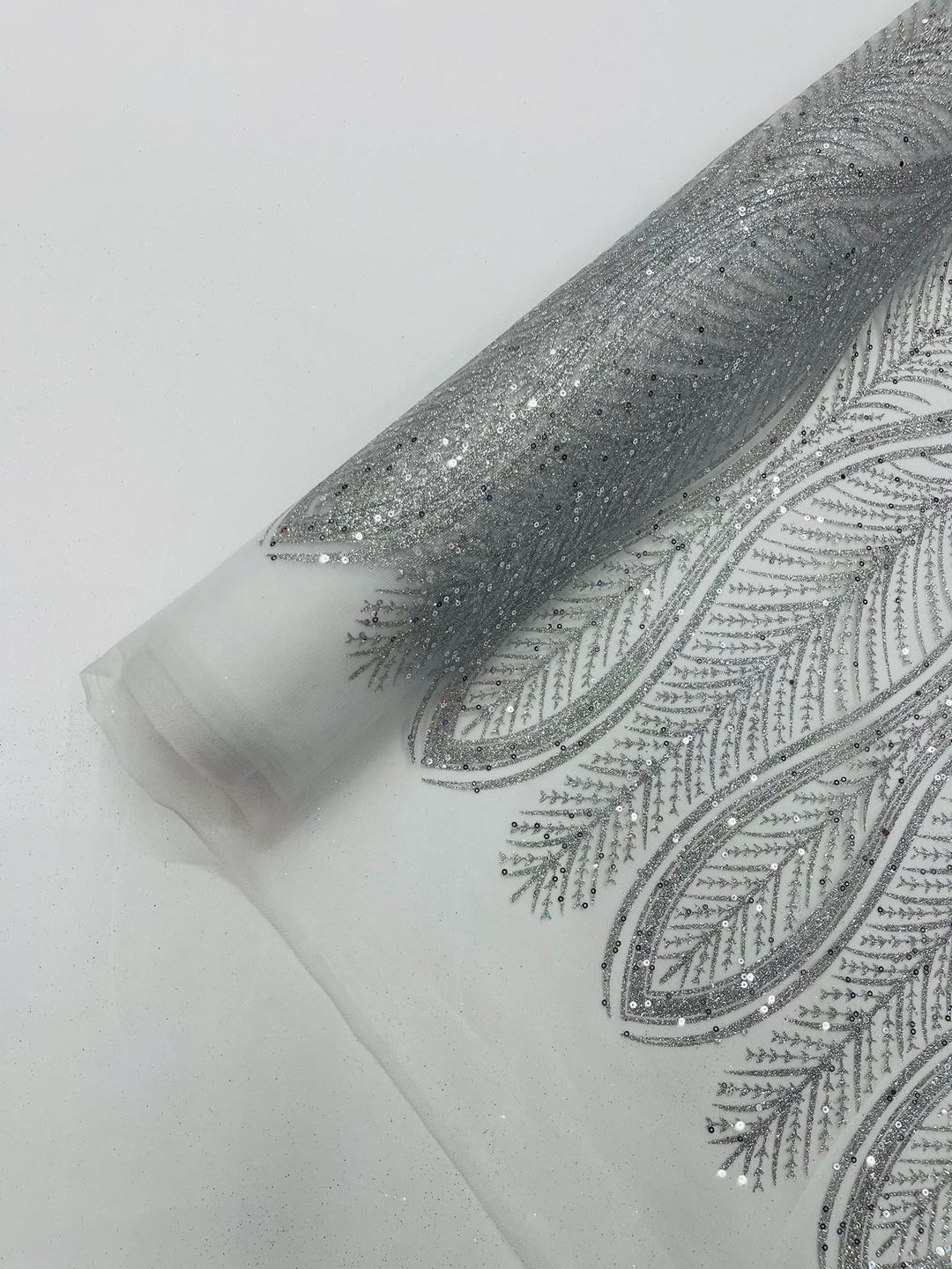 Silver Glitter Feather Damask Design on A Mesh Lace Fabric/prom. - Etsy