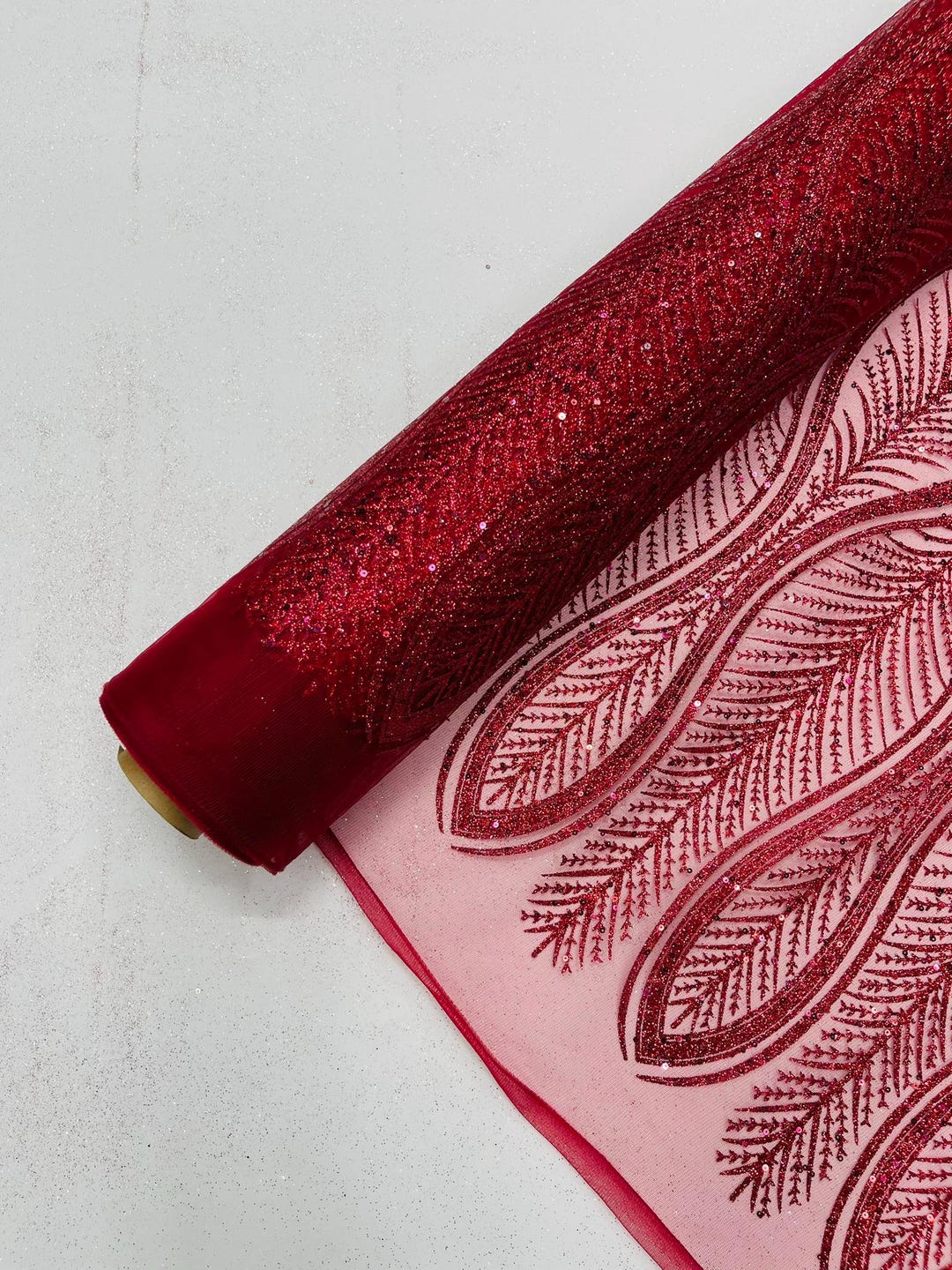 Burgundy Glitter Feather Damask Design on A Mesh Lace Fabric/prom. - Etsy