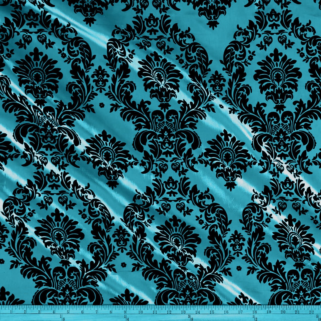 Teal Flocked Damask Taffeta Fabric Wedding, Bridal Shower/baby Shower ...