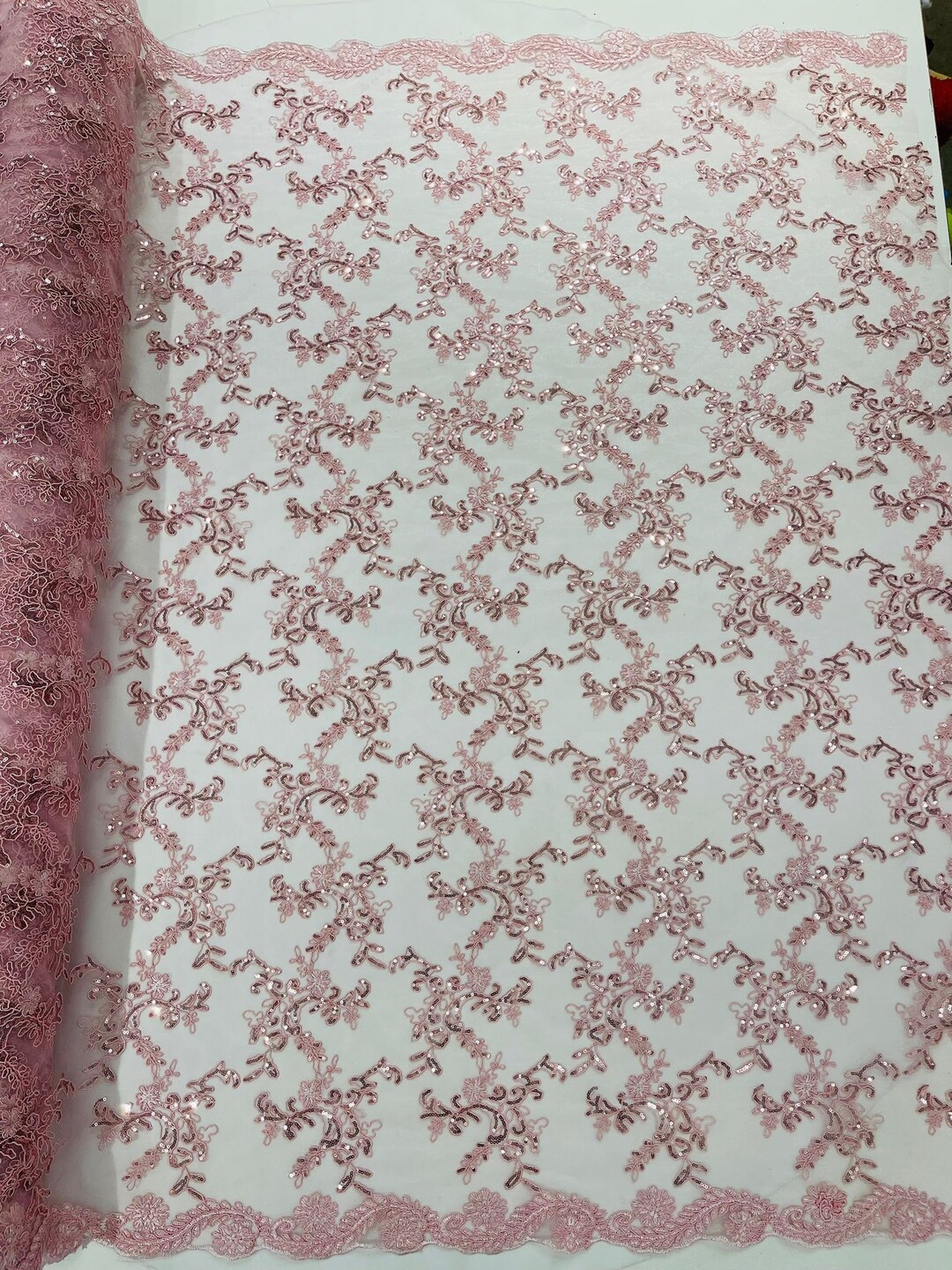 Pink Flower Lace Corded and Embroider With Sequins on a Mesh -sold by ...